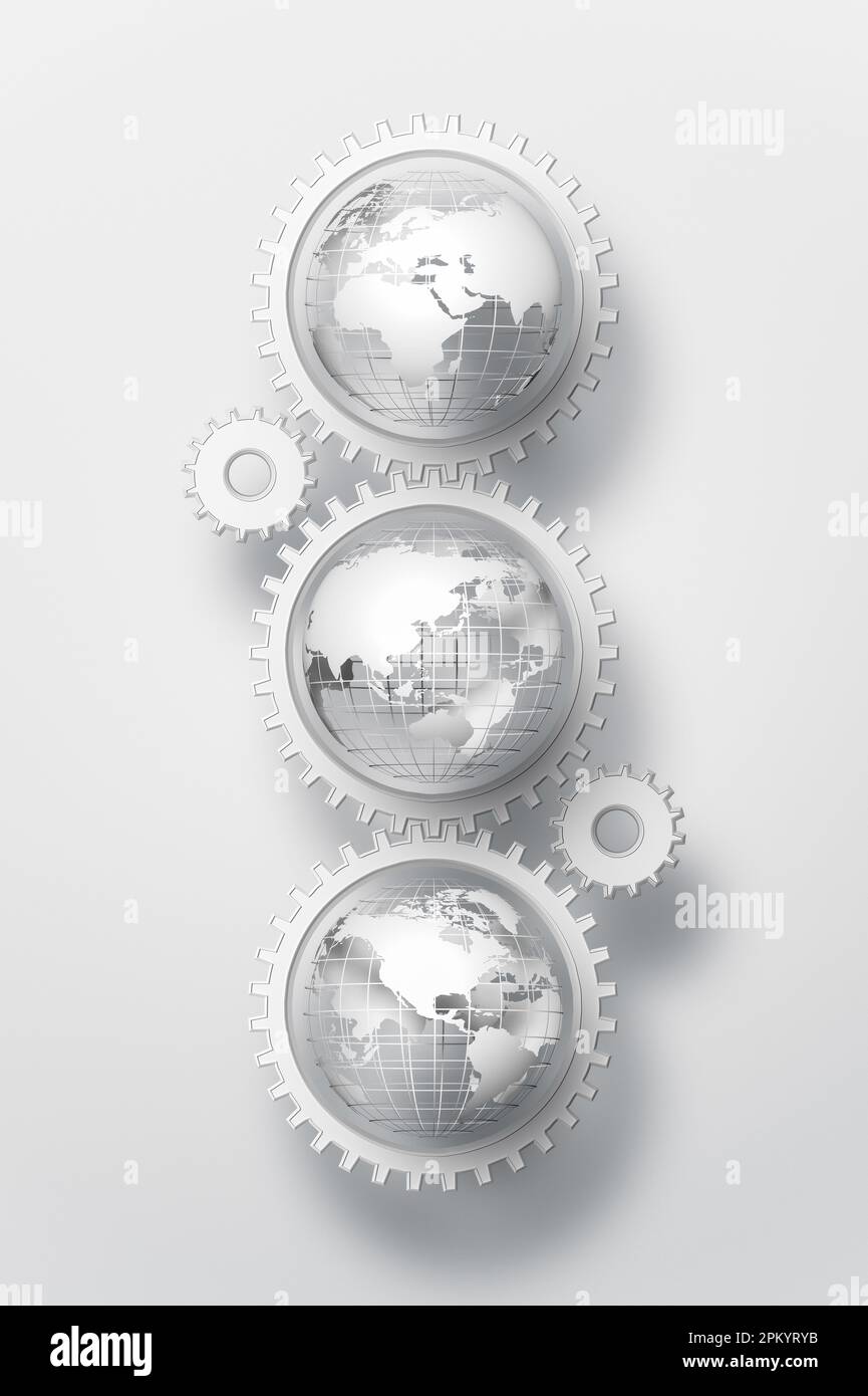 Round shaped earth globe placed inside of mechanical cogwheels isolated ...