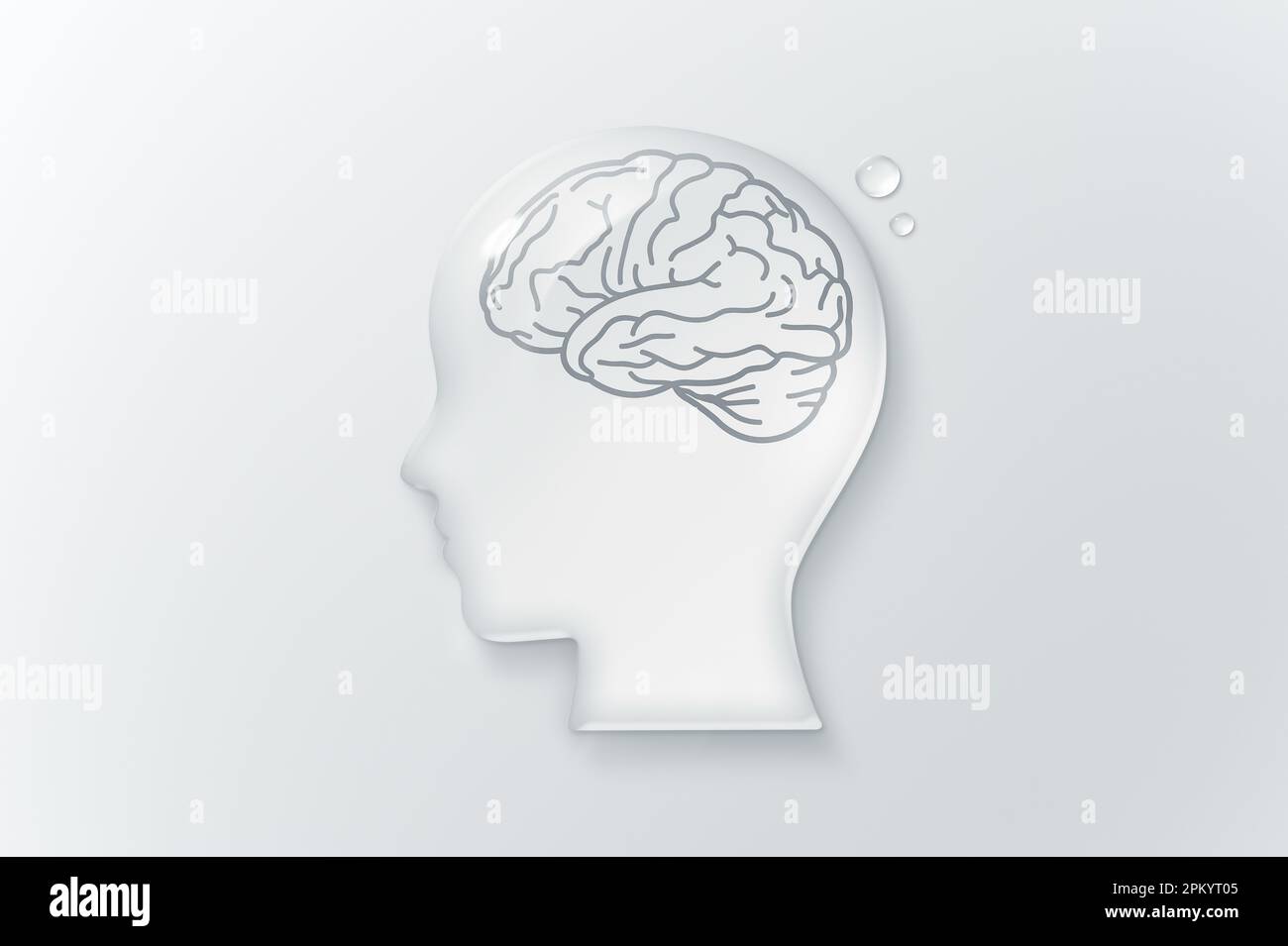 Transparent human head shaped water drop with brain inside on white ...