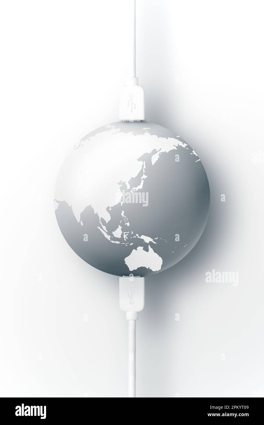 Round shaped globe world map connected by digital USB cable and placed ...