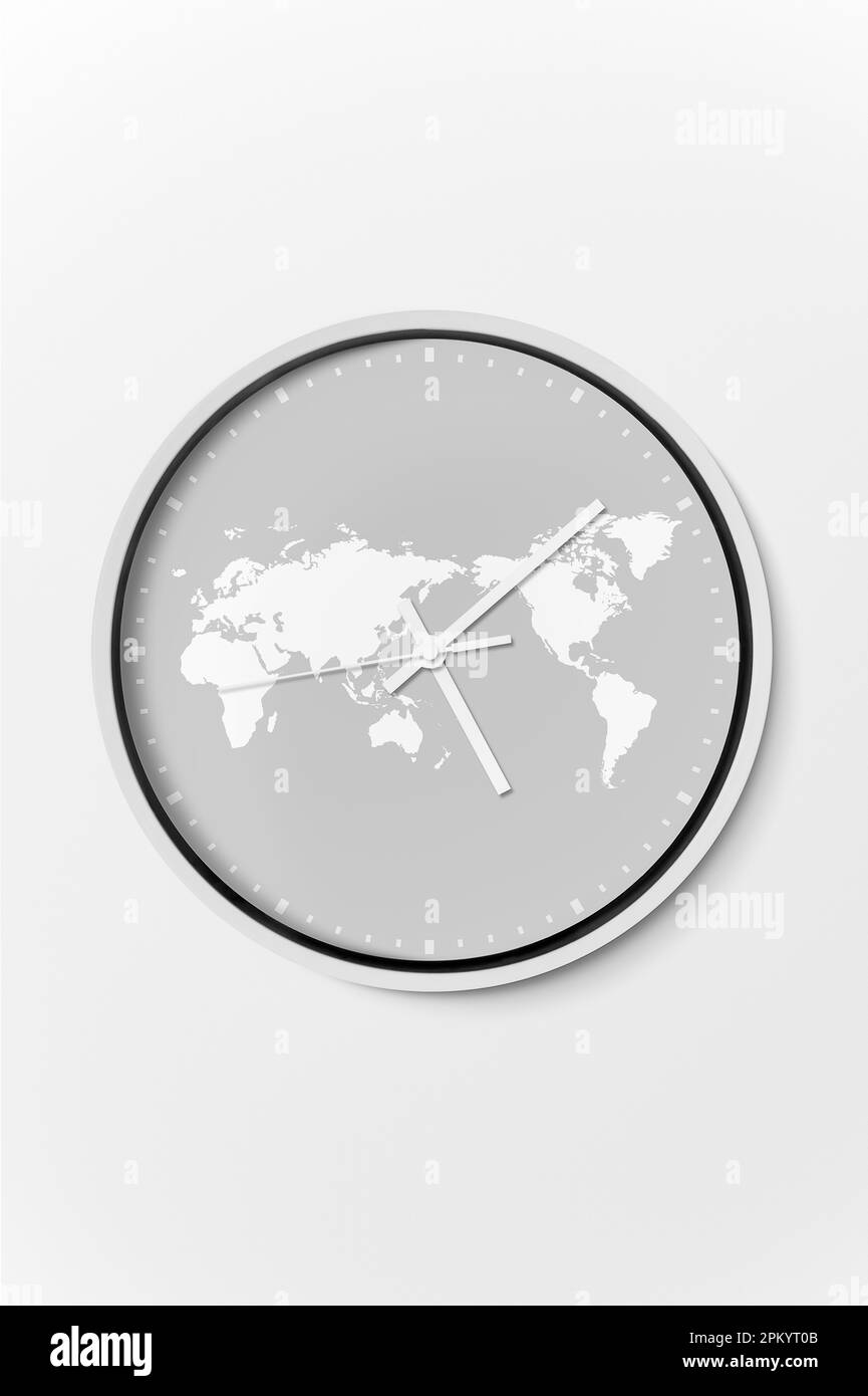 Creative design of round shaped clock with world map and arrows placed ...