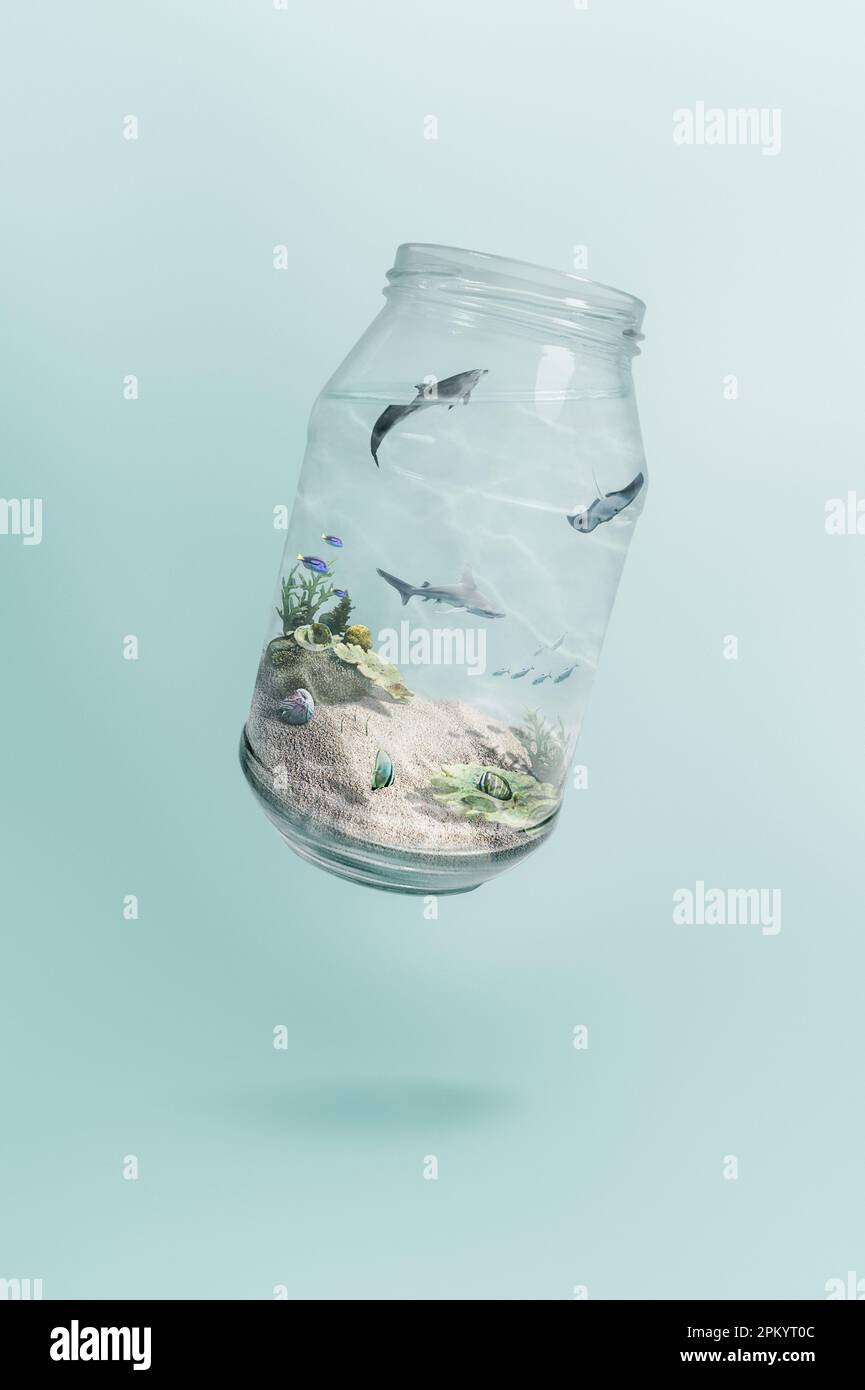Transparent glass jar with underwater creatures and marine plants ...