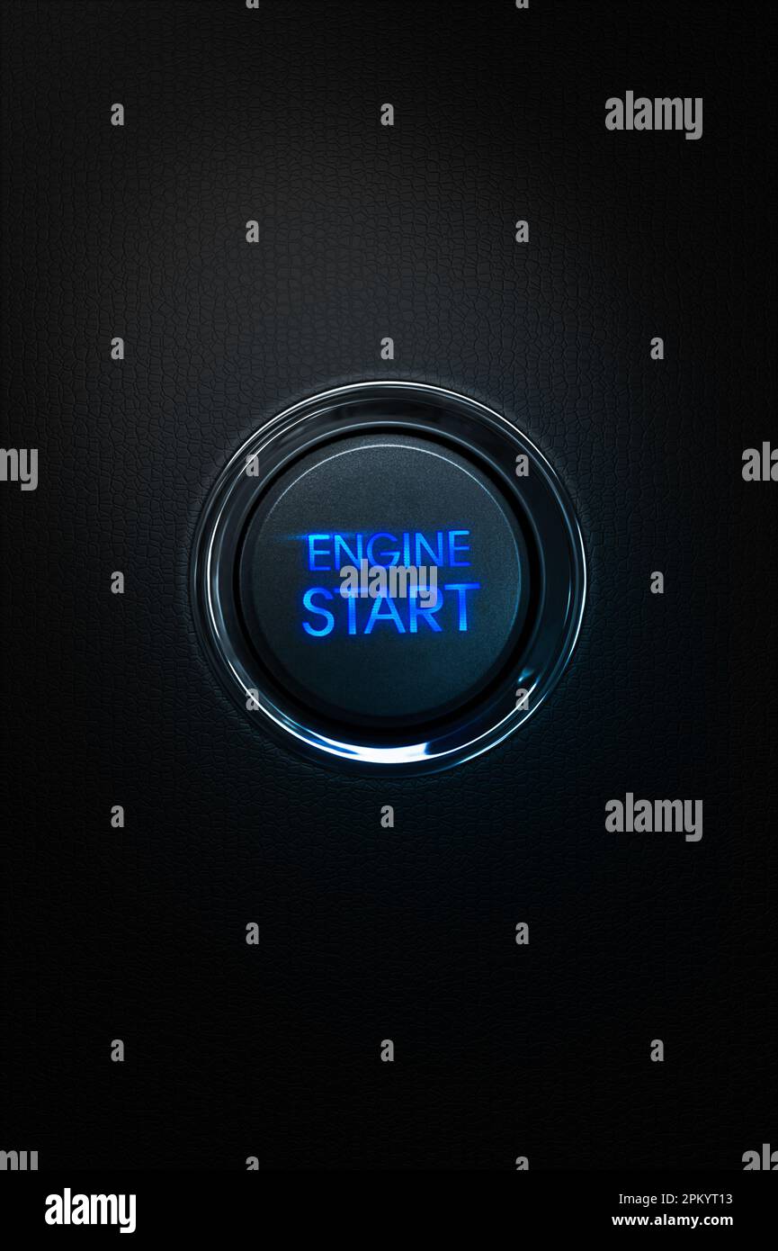 Modern black round shaped engine start button with blue inscription on ...