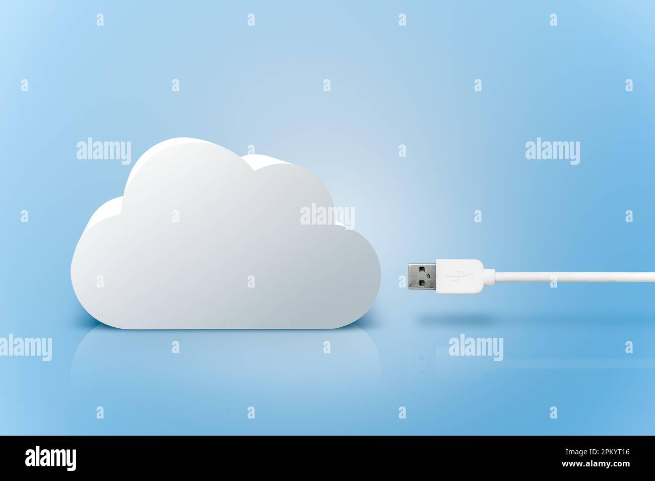 White cloud storage system with connecting USB wire against blue ...