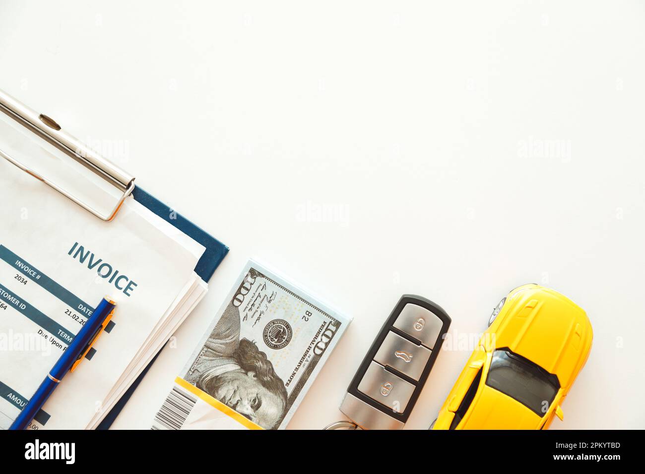 Car Trade or Rent Deal. Invoice, Money and Car Keys on White background ...