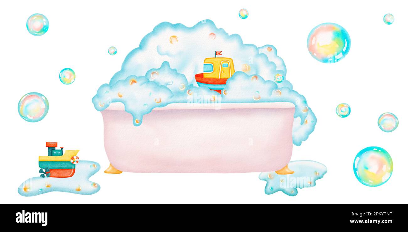 Horizontal composition of pink bath, soap foam, bathing toys (toy boats ...