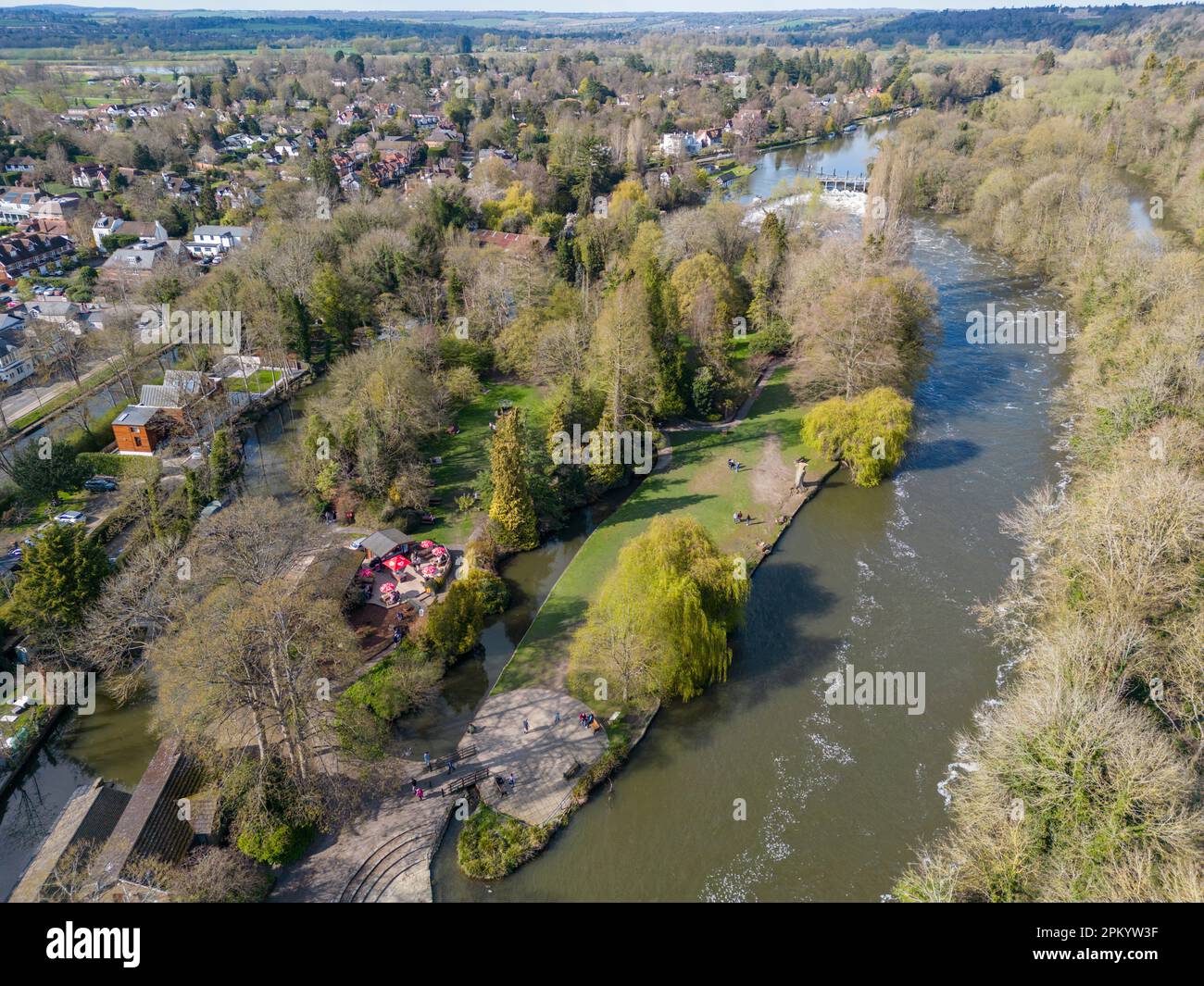 Aerial view of Ray Mill Island and weir on the River Thames, Maidenhead ...