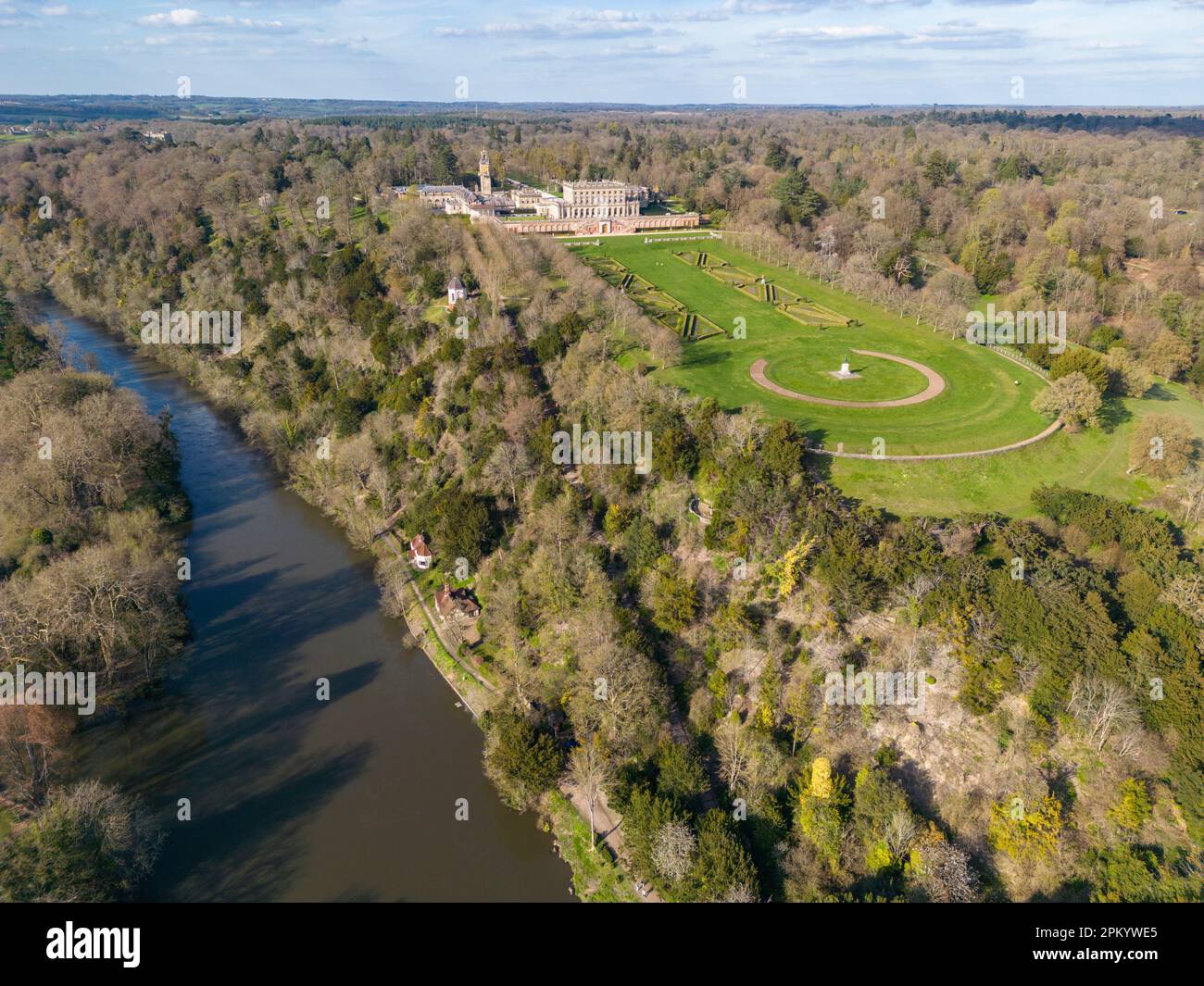 Aerial view of Cliveden House beside the River Thames, Buckinghamshire ...