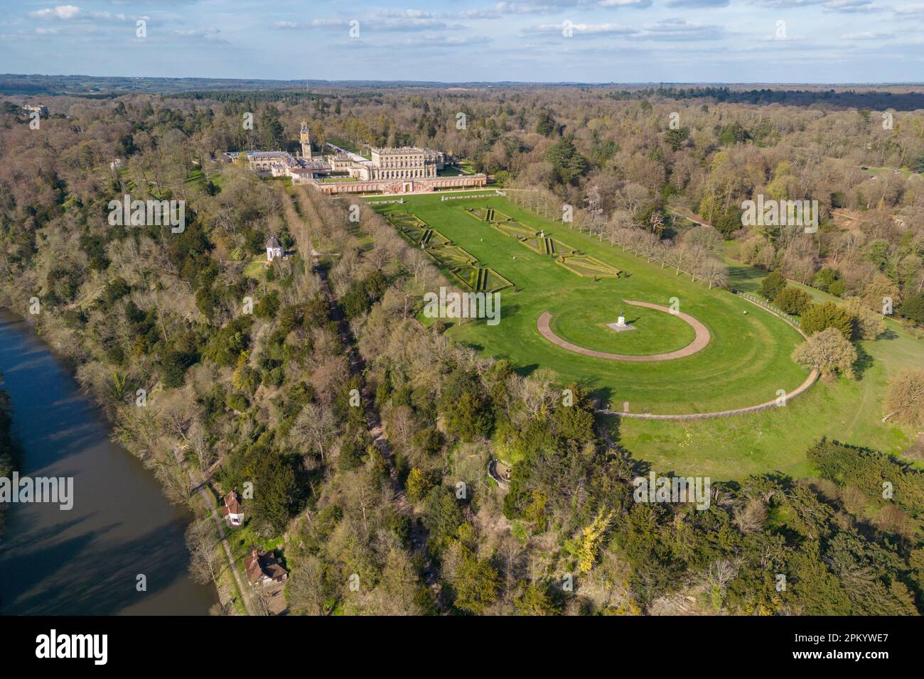 Aerial view of Cliveden House beside the River Thames, Buckinghamshire ...