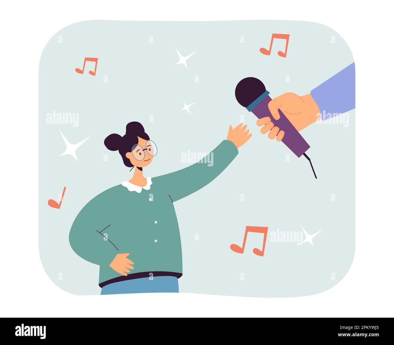 Hand of person giving microphone to cartoon girl Stock Vector Image ...