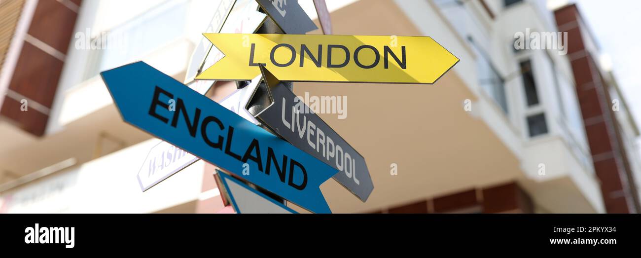 Tourist signs of cities and countries with directions Stock Photo - Alamy
