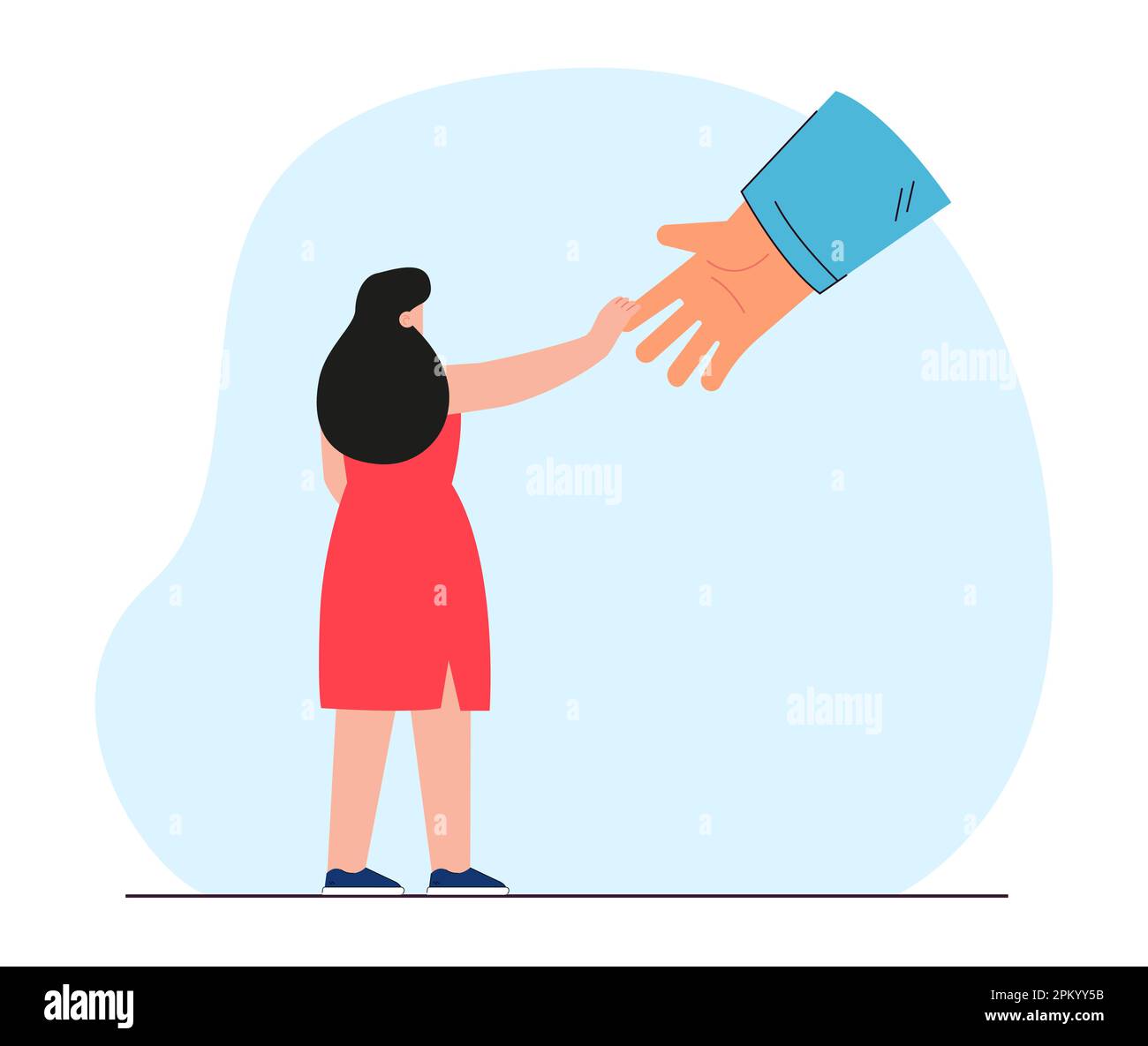 Girl stretching hand to huge human hand flat vector illustration Stock ...