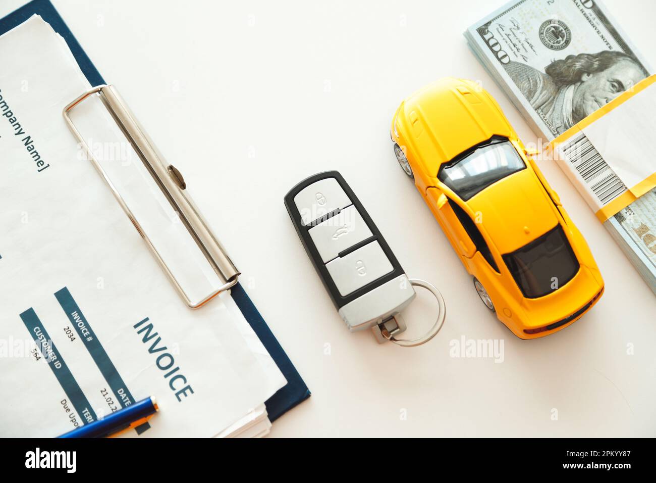 Car Trade or Rent Deal. Invoice, Money and Car Keys on White background ...