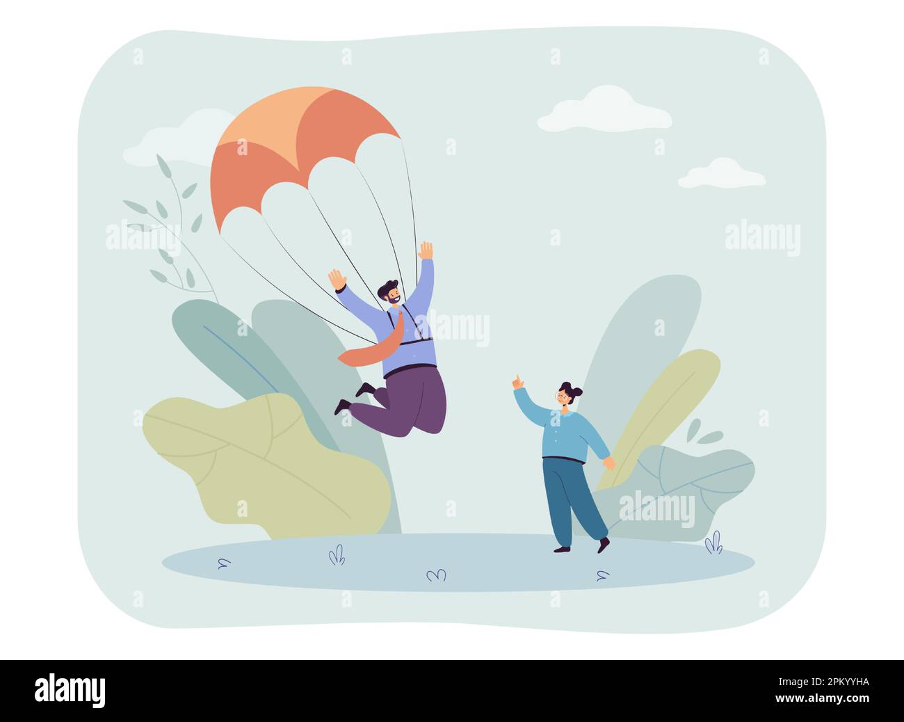 Colleague greeting businessman landing safely with parachute Stock ...