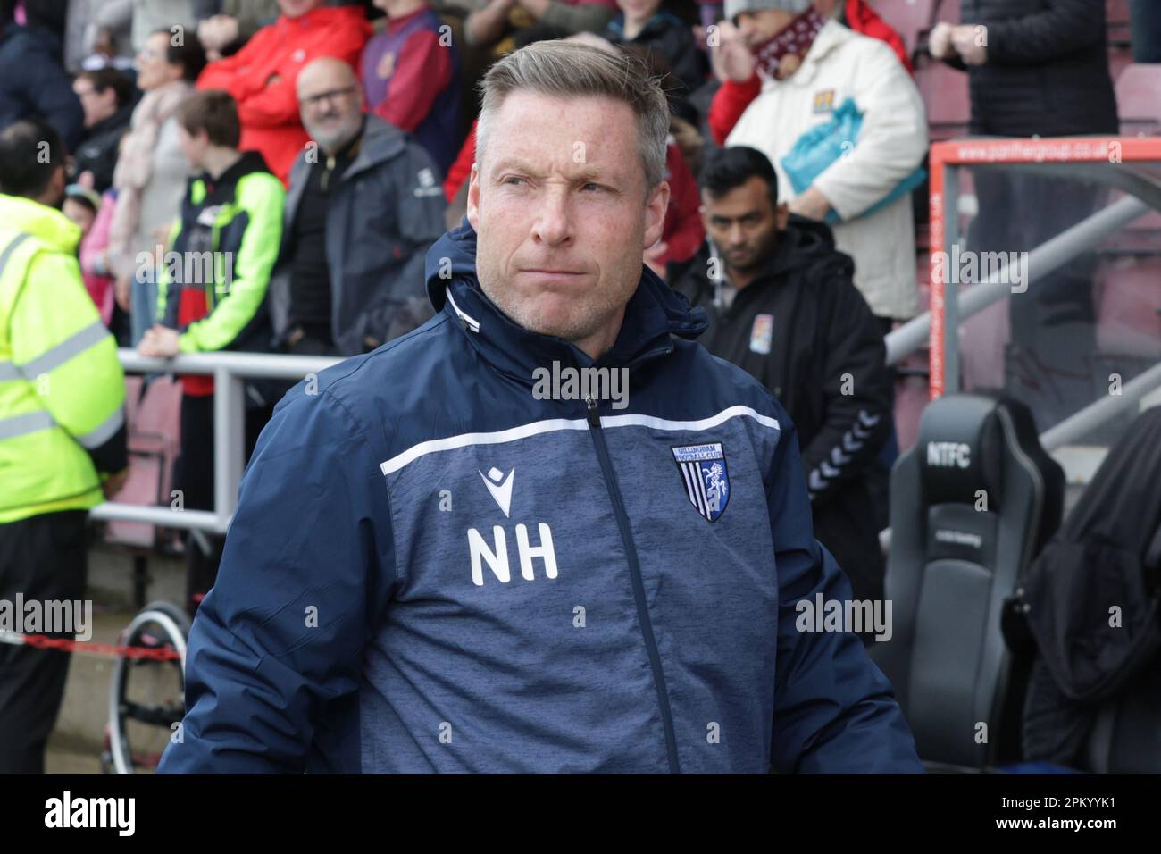 Northampton, UK. 10th April 2023. Gillingham's manager Neil Harris ...