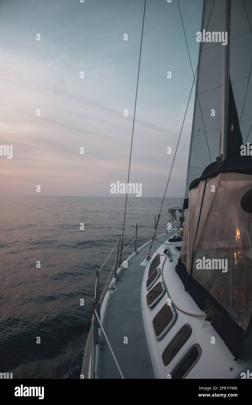 A catamaran sailing across the tranquil ocean at a beautiful golden ...