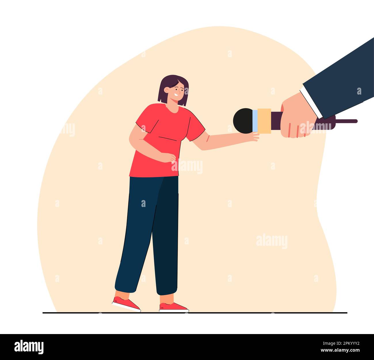 Huge hand giving mic to confused girl flat vector illustration Stock ...