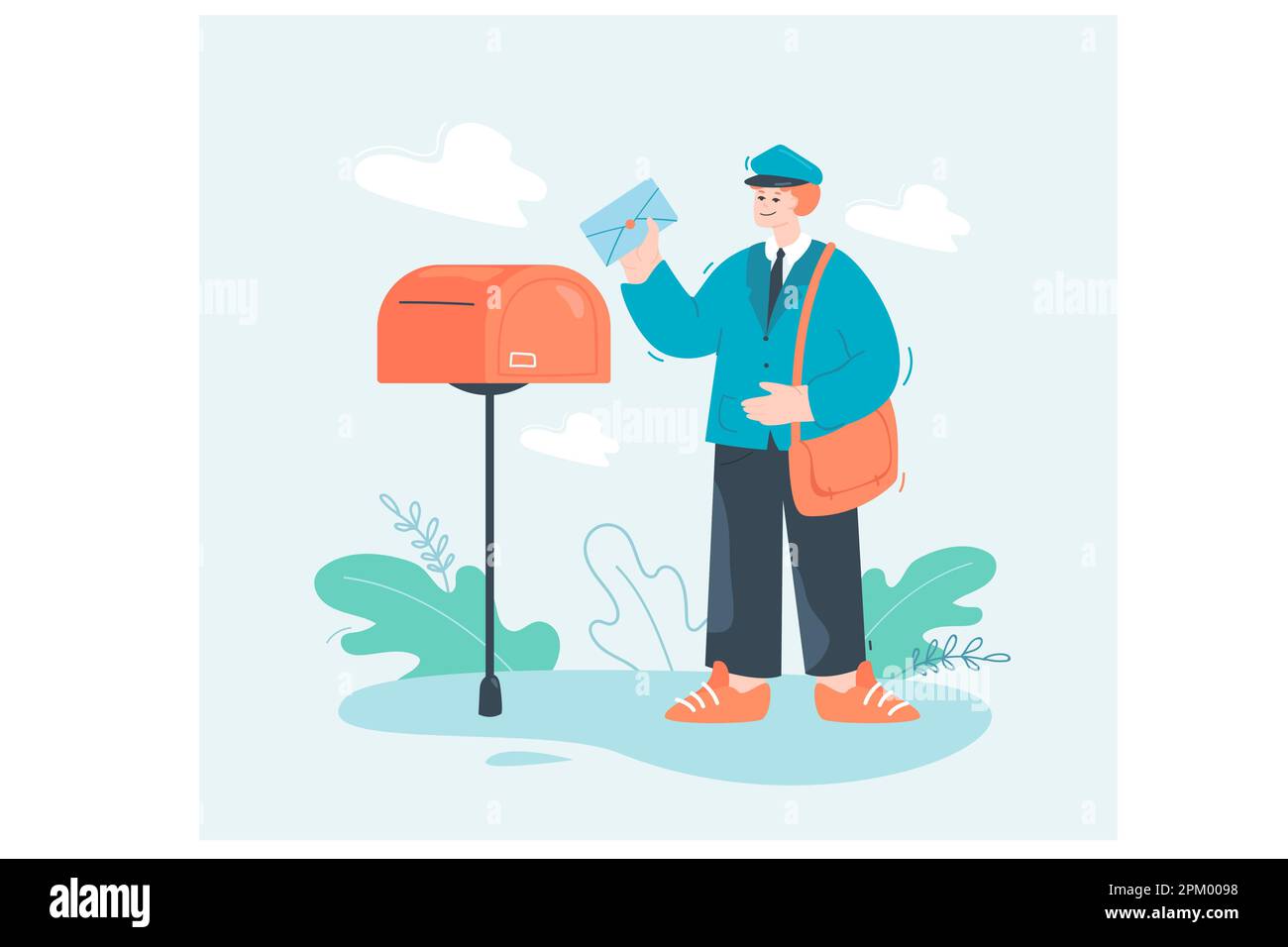 Postman cartoon character with envelope standing next to mailbox Stock ...