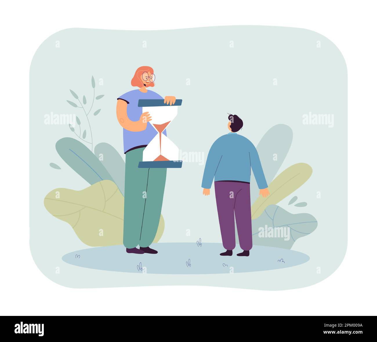 Man looking at girl with sand clock flat vector illustration Stock ...