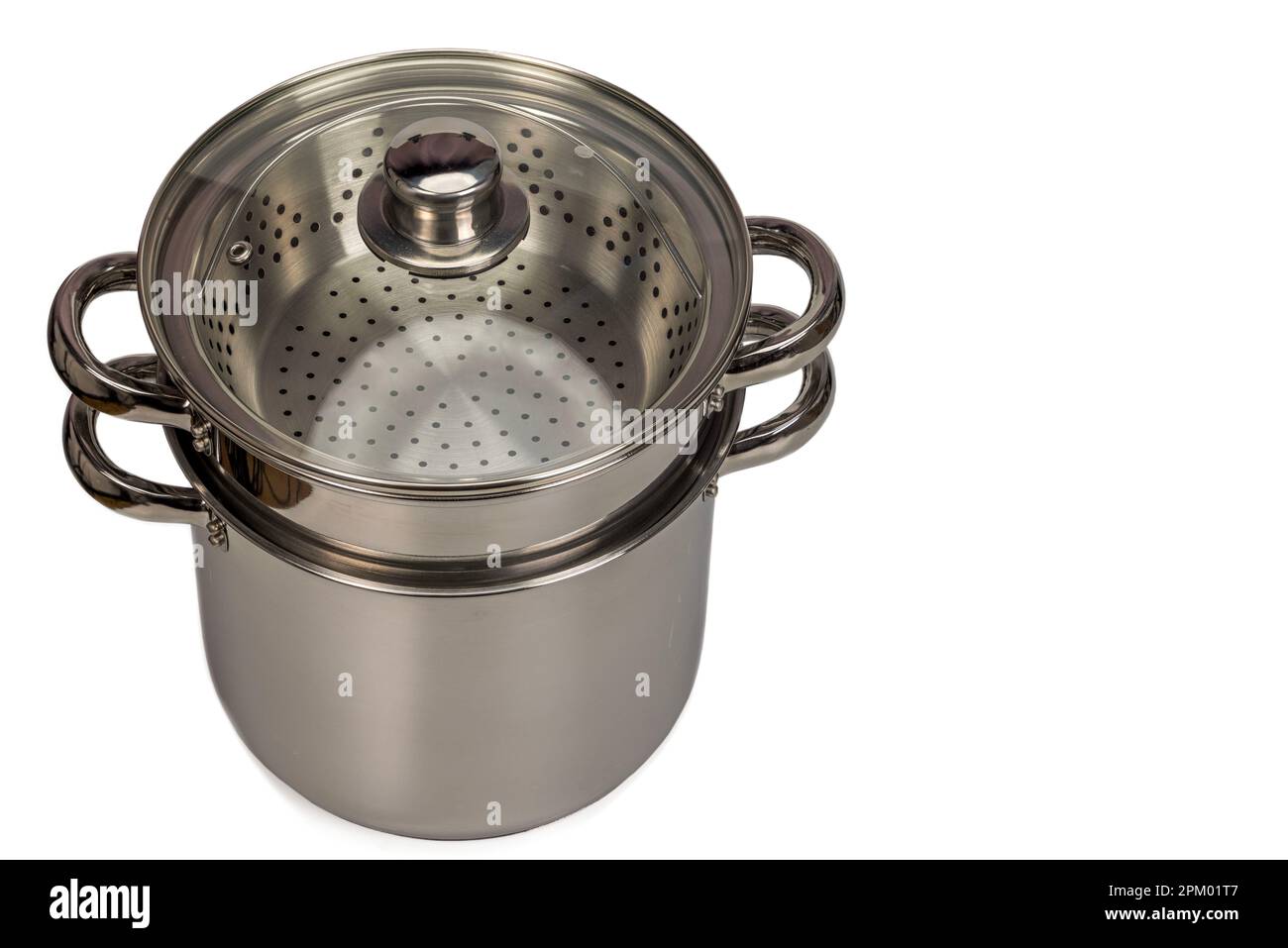 Close-up view of stainless pasta cooker with glass lid isolated on ...