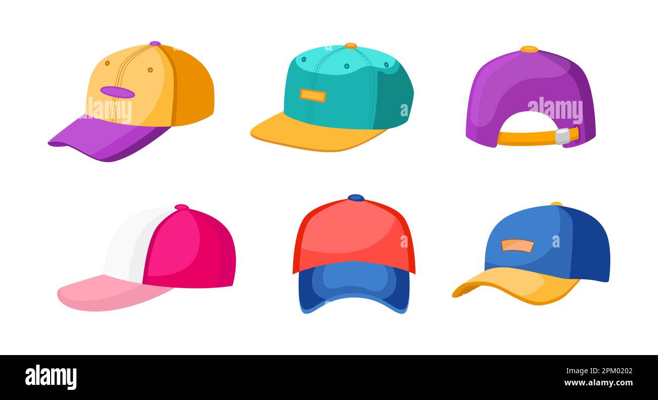 Colorful sports caps and baseballs cartoon illustration set Stock ...