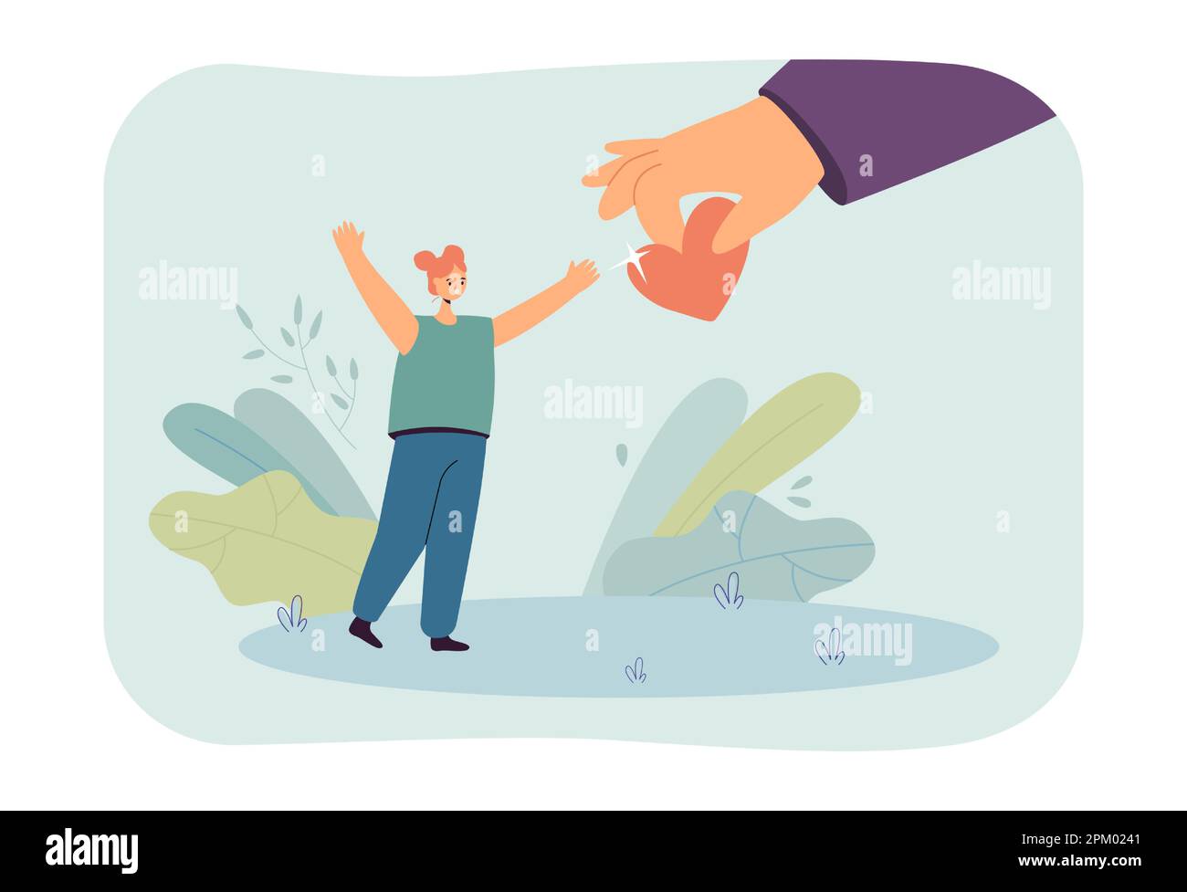 Huge hand giving heart to girl flat vector illustration Stock Vector ...