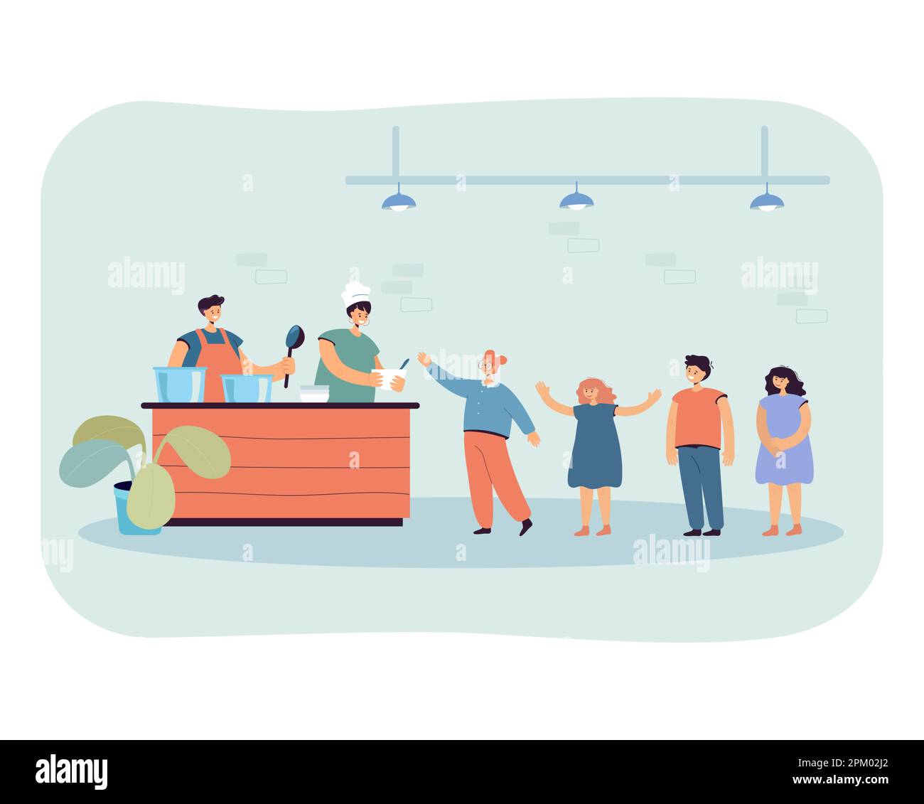 Hungry kids standing in queue for healthy food in school canteen Stock ...