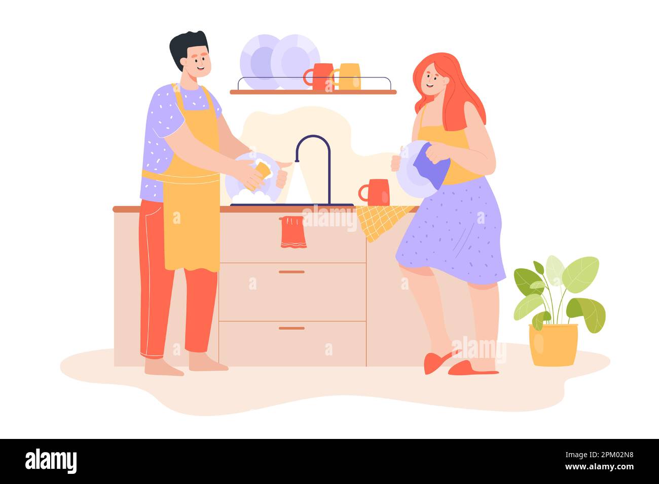 Happy couple washing dishes together flat vector illustration Stock ...