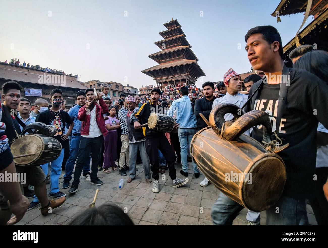 Bhaktapur, Bagmati, Nepal. 10th Apr, 2023. People play traditional ...
