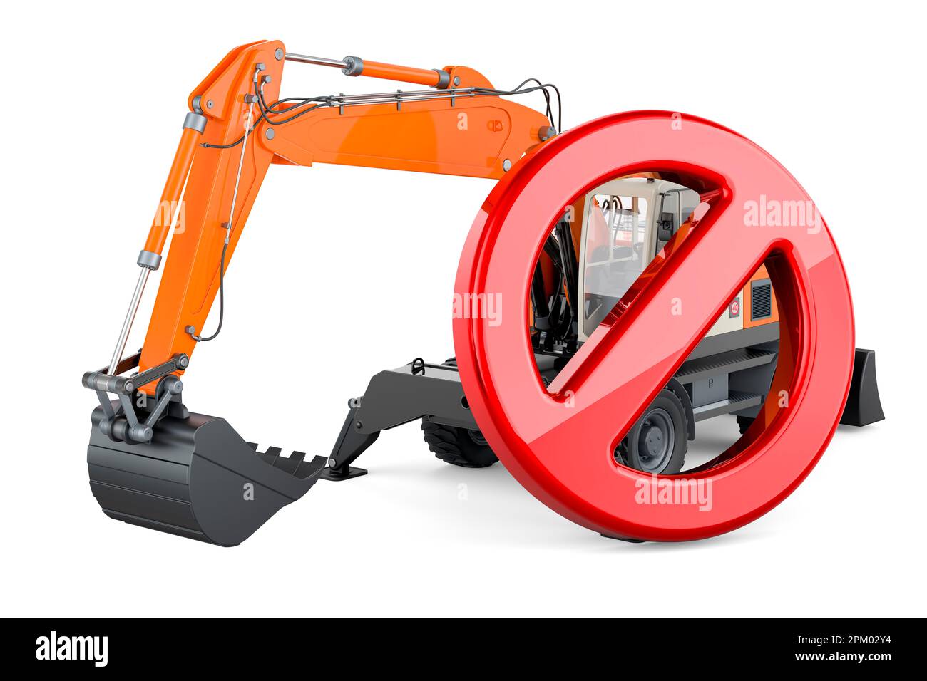 Excavator with forbidden symbol, 3D rendering isolated on white ...