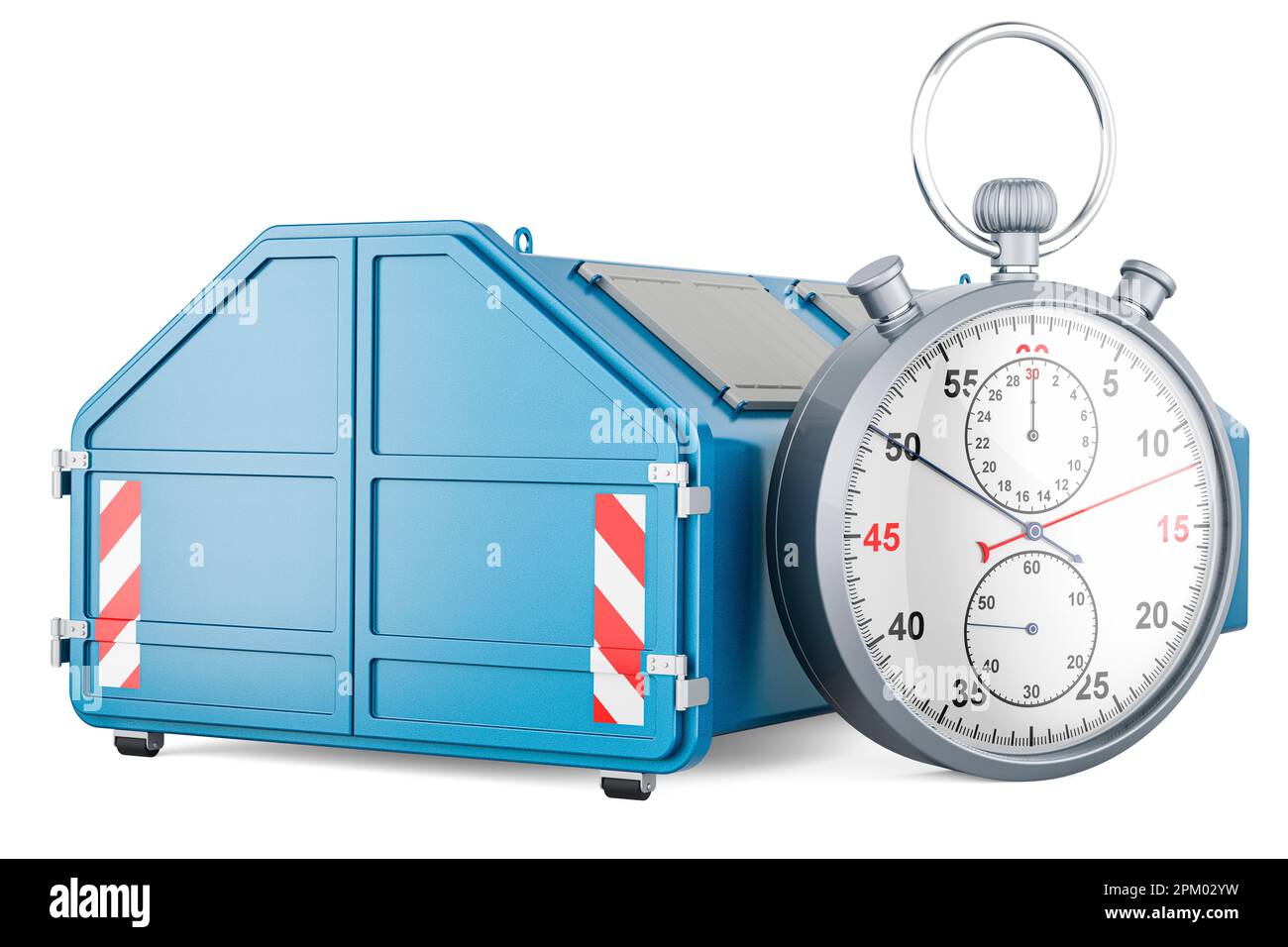 Industrial waste skip with stopwatch, 3D rendering isolated on white ...