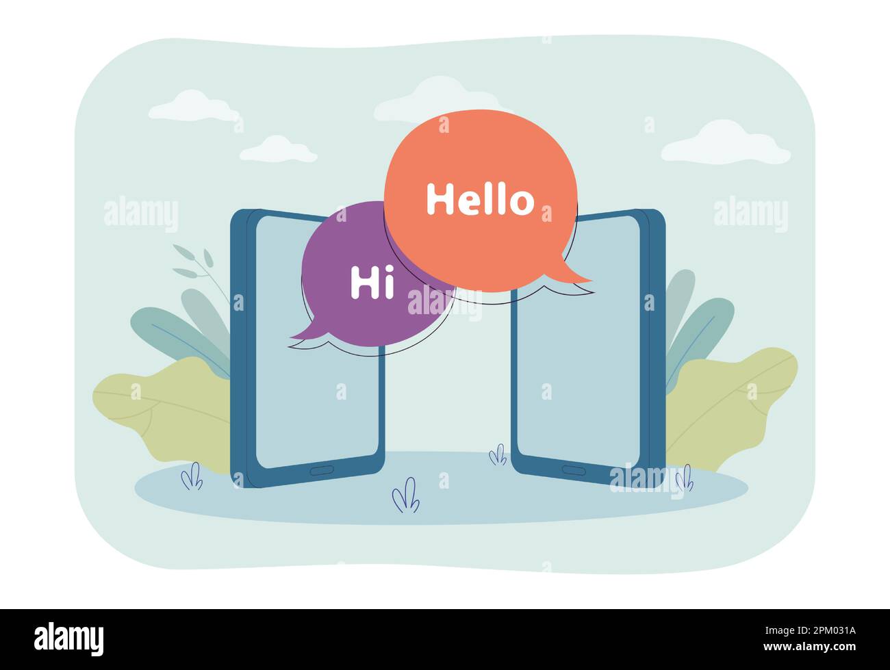 Mobile phones with hi speech bubbles flat vector illustration Stock ...