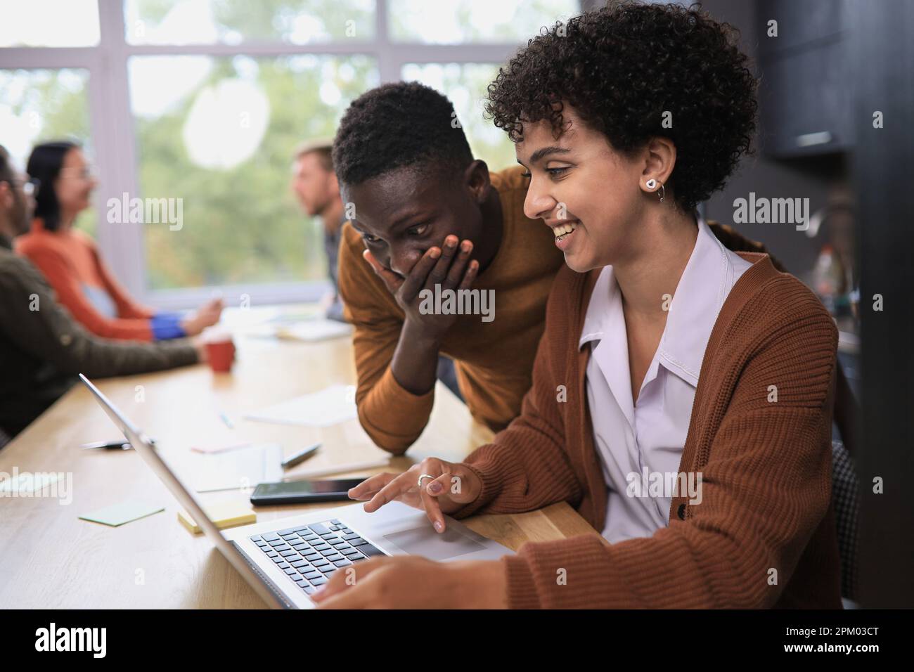 two professional businessmen discussing and using desktop computer in ...