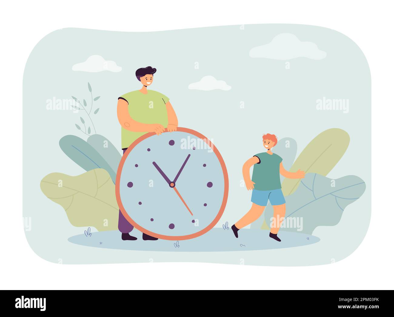 Father holding big clock and happy son running Stock Vector Image & Art ...