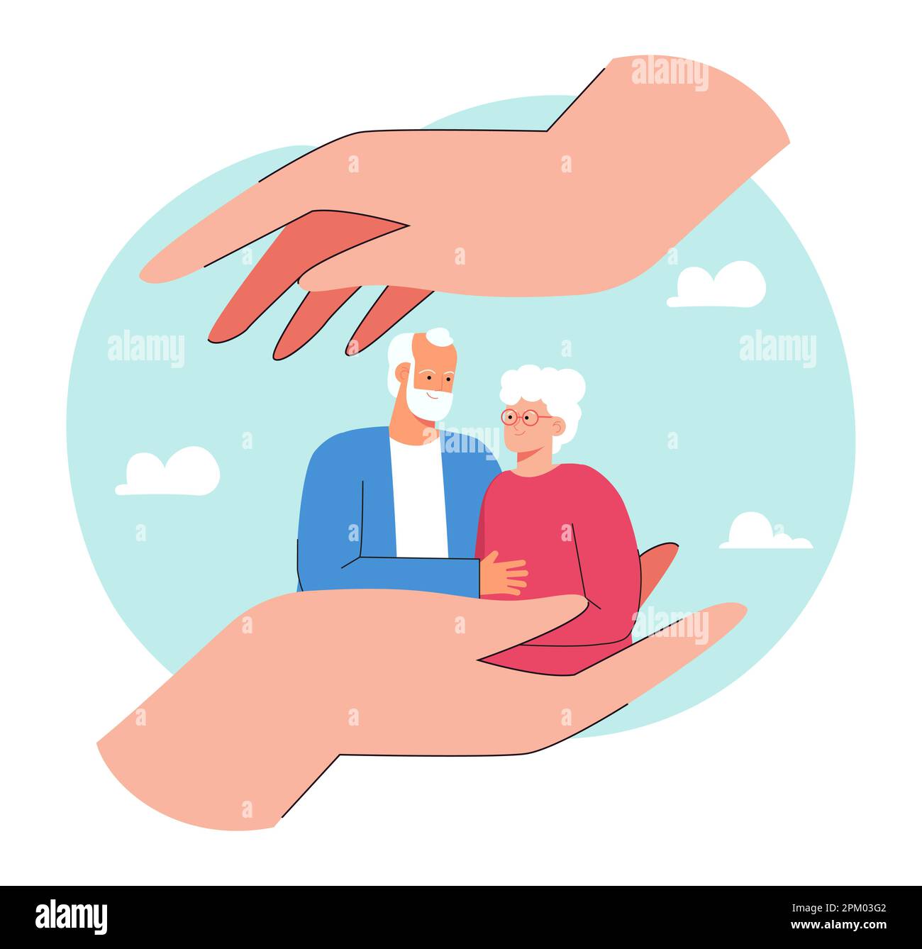 Huge hands protecting cute couple of old people Stock Vector Image ...