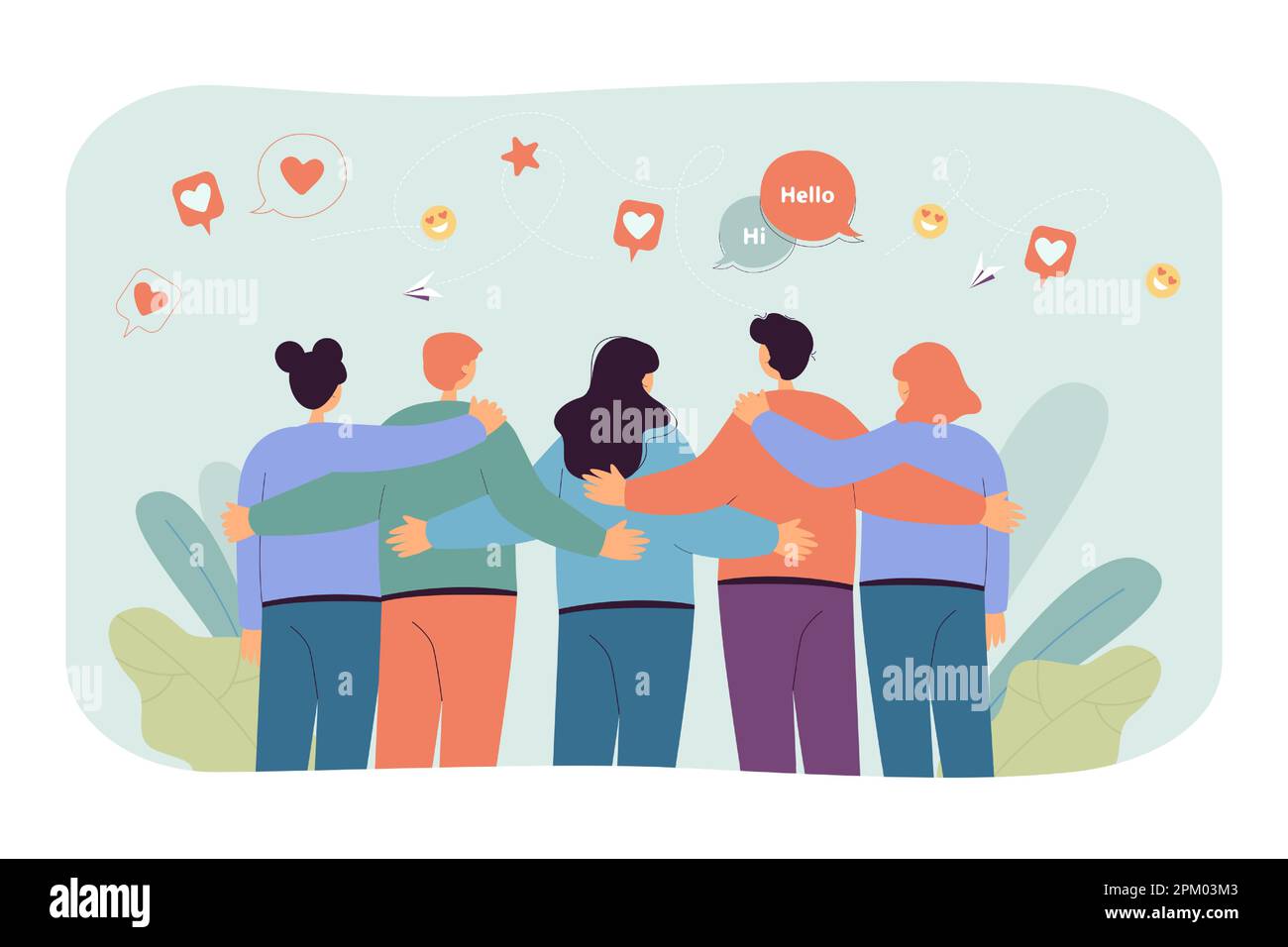 Back view of hugging friends flat vector illustration Stock Vector ...