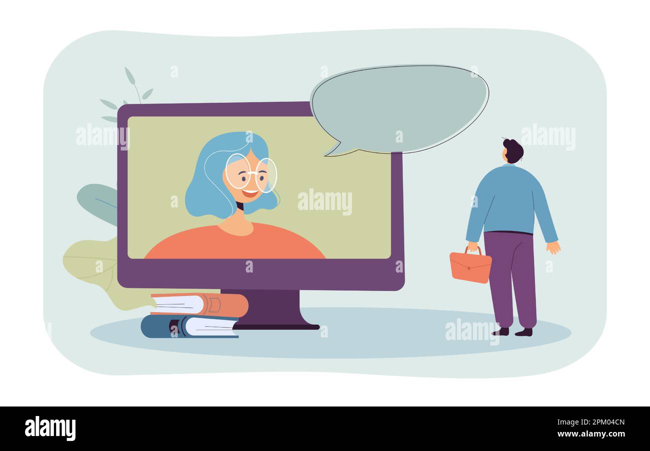 Man Looking At Woman On Computer Screen Flat Vector Illustration Stock Vector Image And Art Alamy