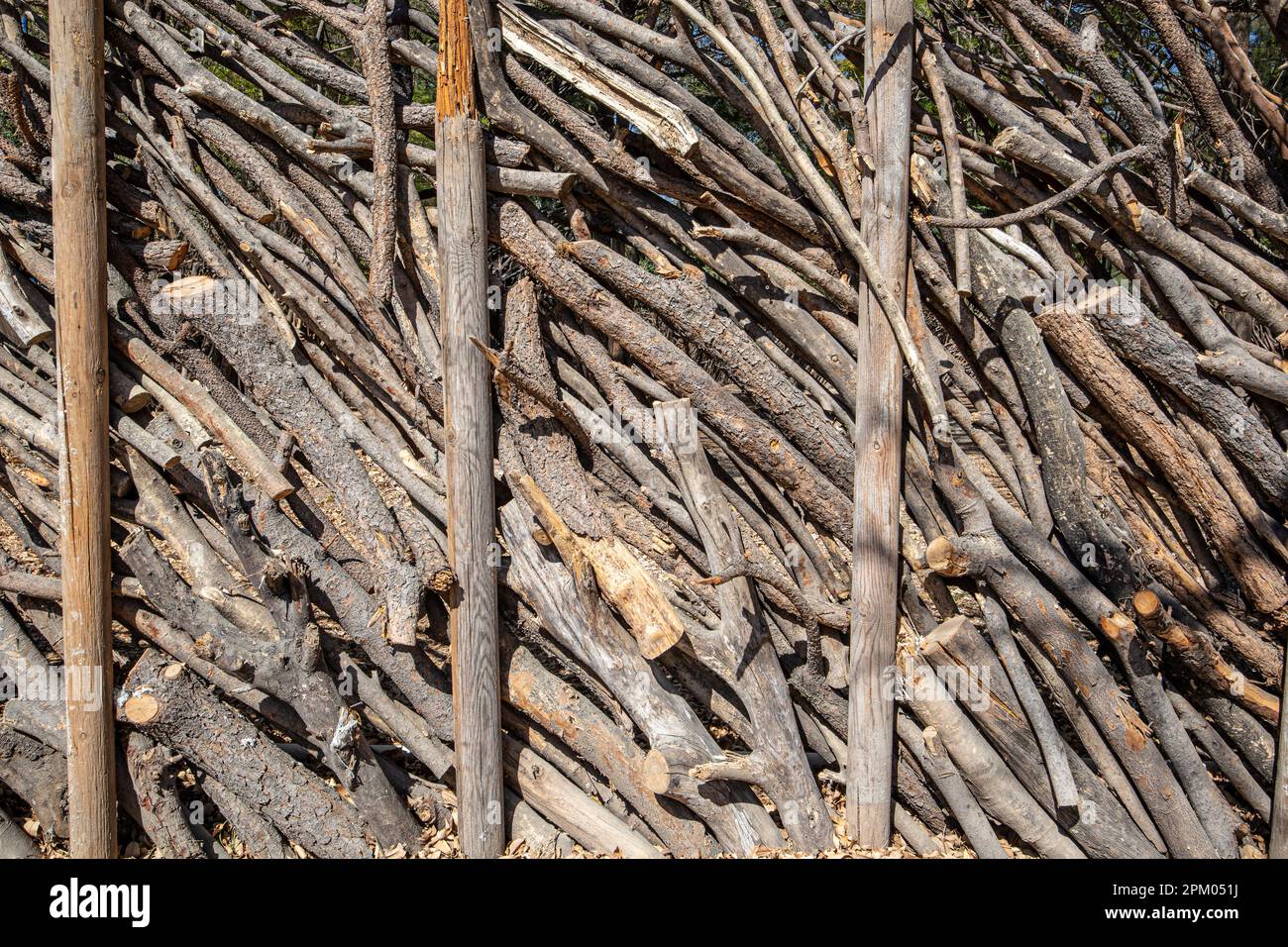 Close-up of primitive ecological rustic fence made with branches and ...