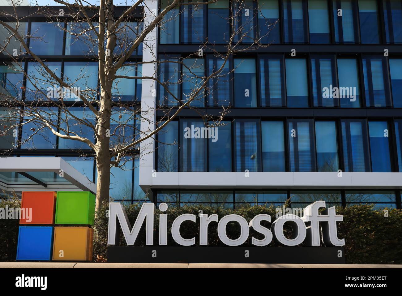 MUNICH, GERMANY - APRIL 10, 2023: Microsoft logo at the company office ...