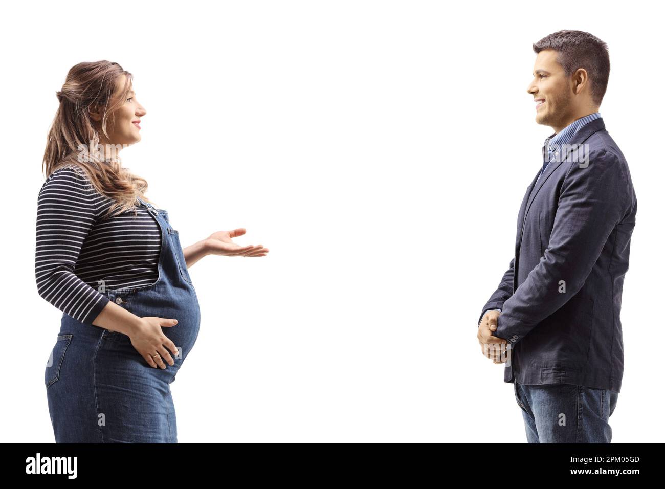 Pregnant wife talking to her husband isolated on white background Stock ...
