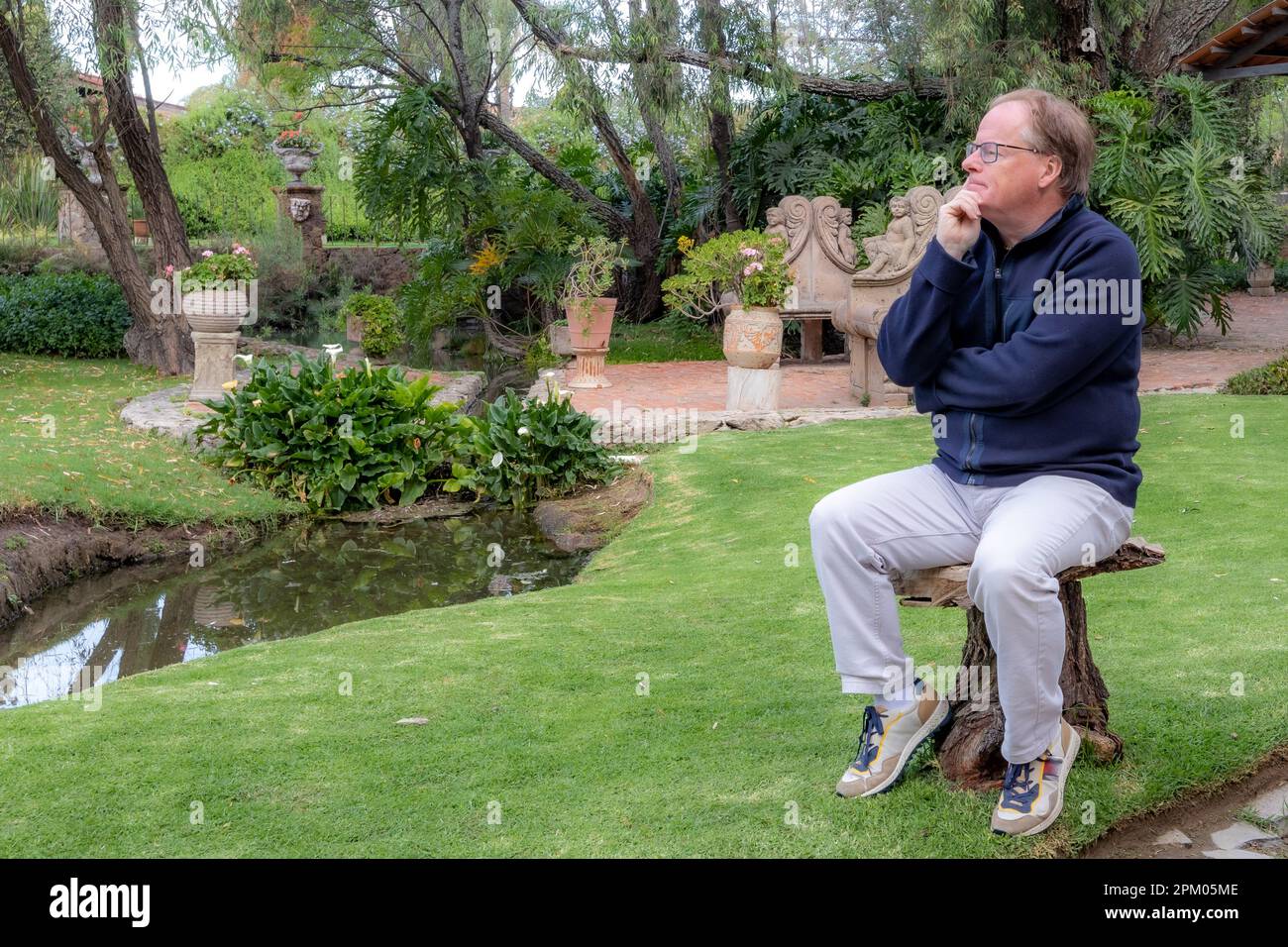 Middle-aged Dutch man sitting on tree stump with thoughtful expression ...
