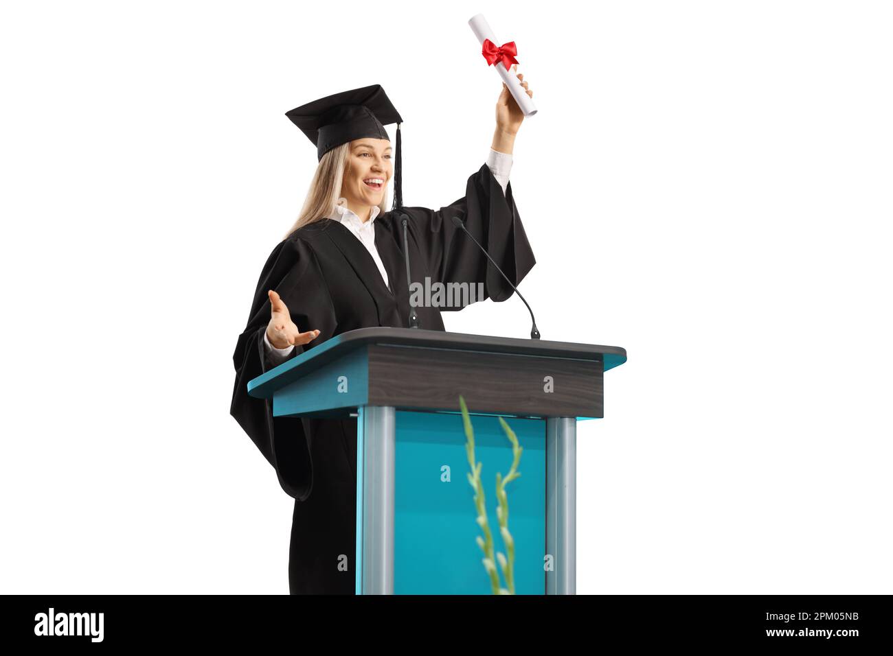 Female graduate student holding a certificate at a podium isolated on ...