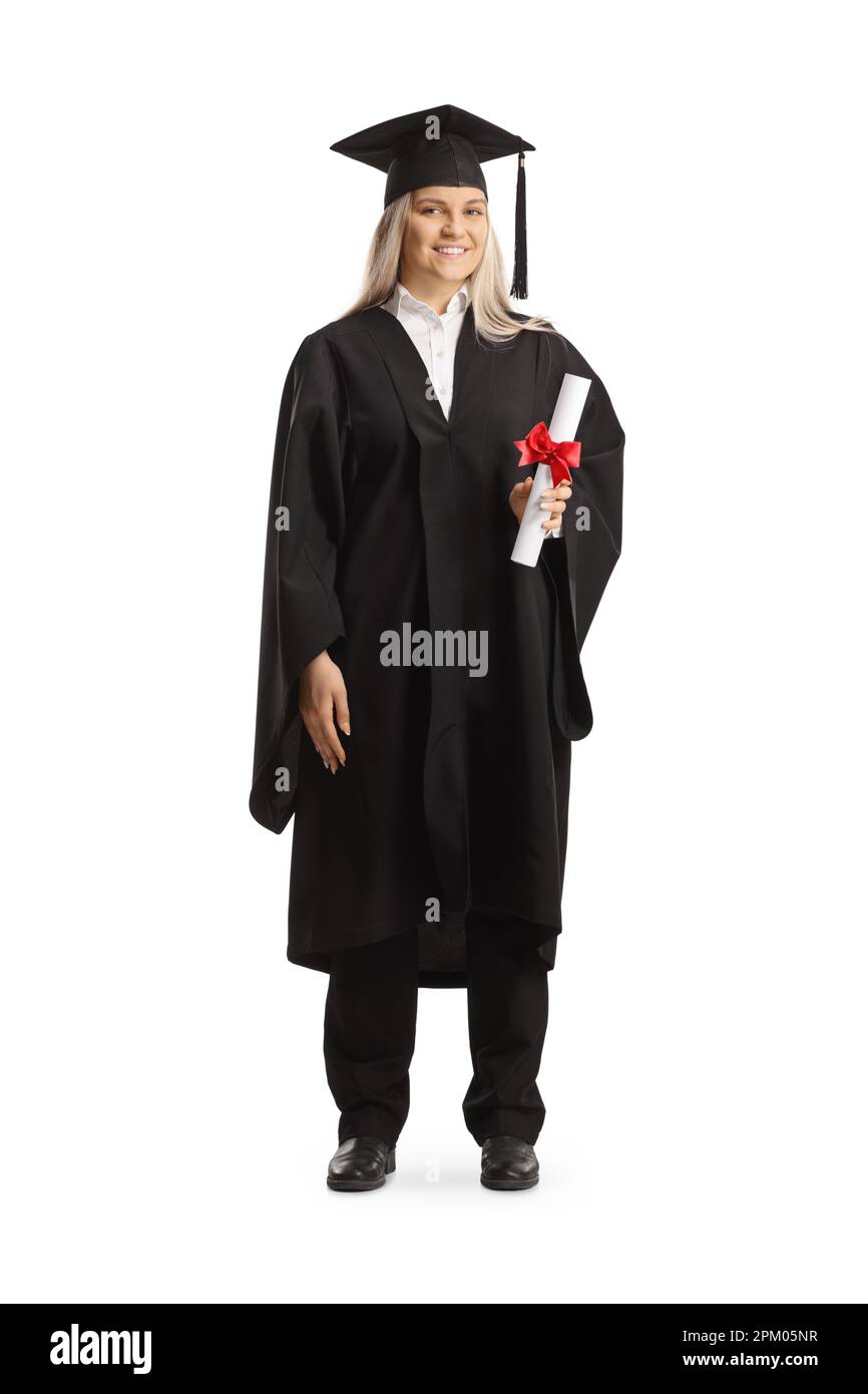Full length portrait of a female graduate student holding a certificate ...