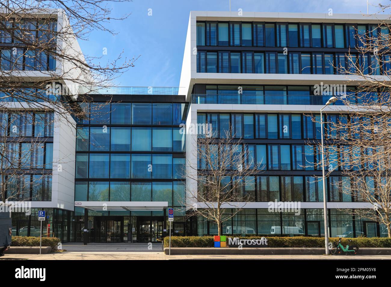 MUNICH, GERMANY - APRIL 10, 2023: Microsoft logo at the company office ...