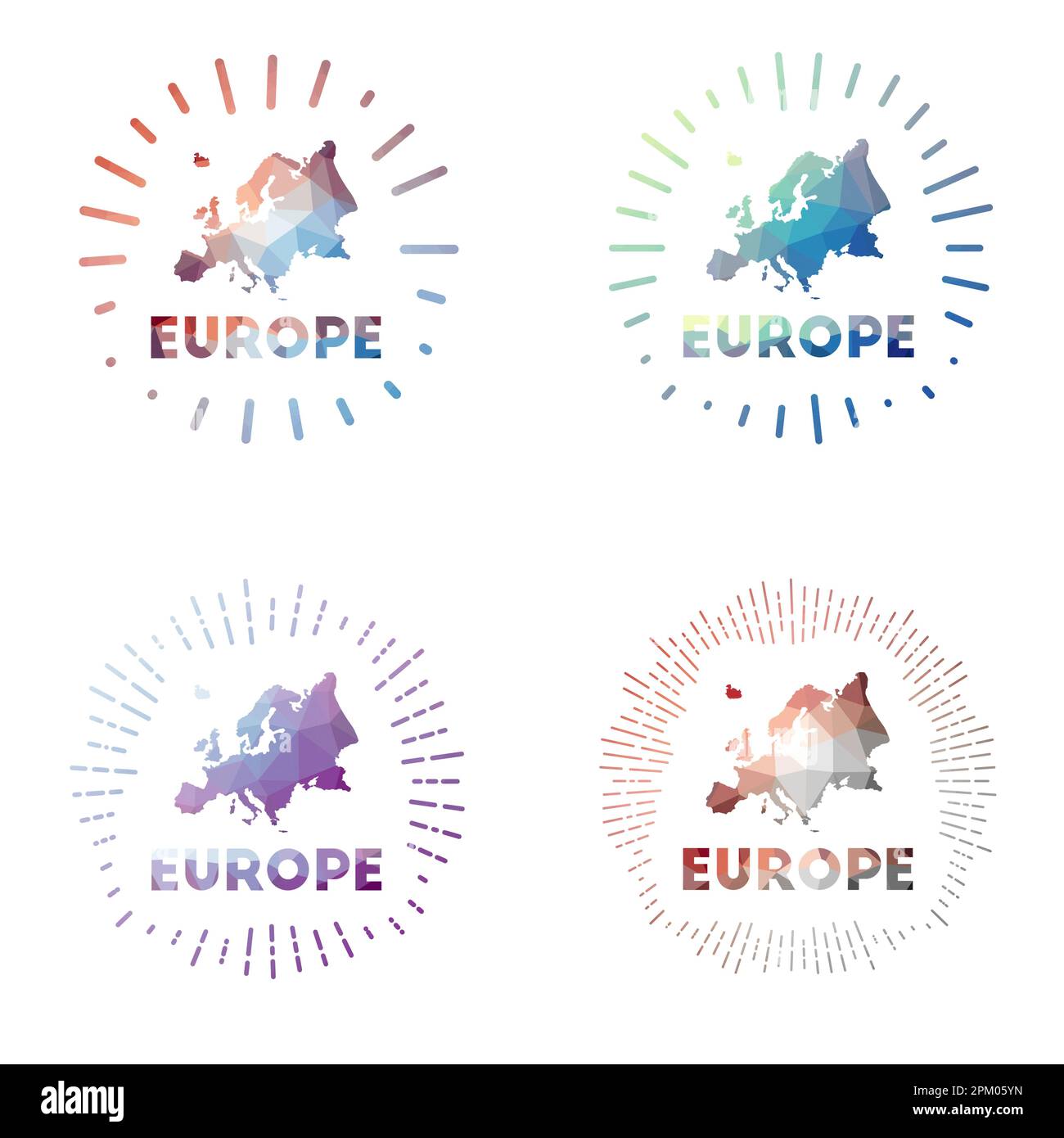 Europe low poly sunburst set. Logo of continent in geometric polygonal ...