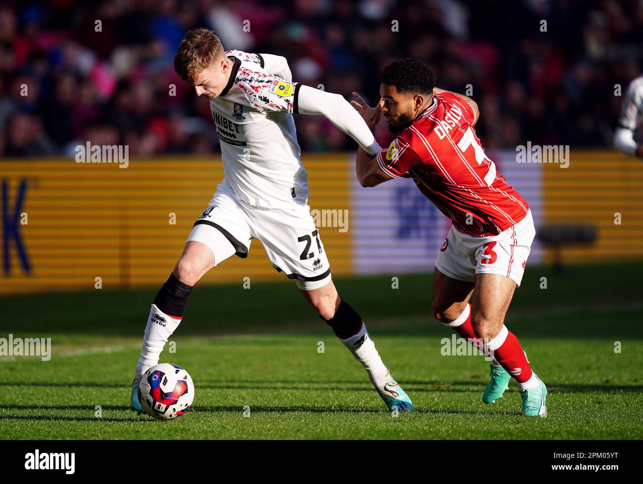 Middlesbrough's Marcus Forss and Bristol City's Jay Dasilva battle for ...