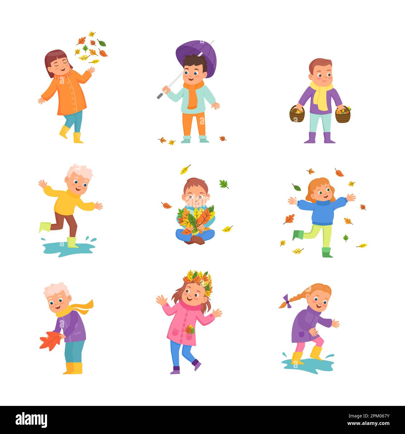 Cute cartoon children in autumn flat vector illustrations set Stock ...