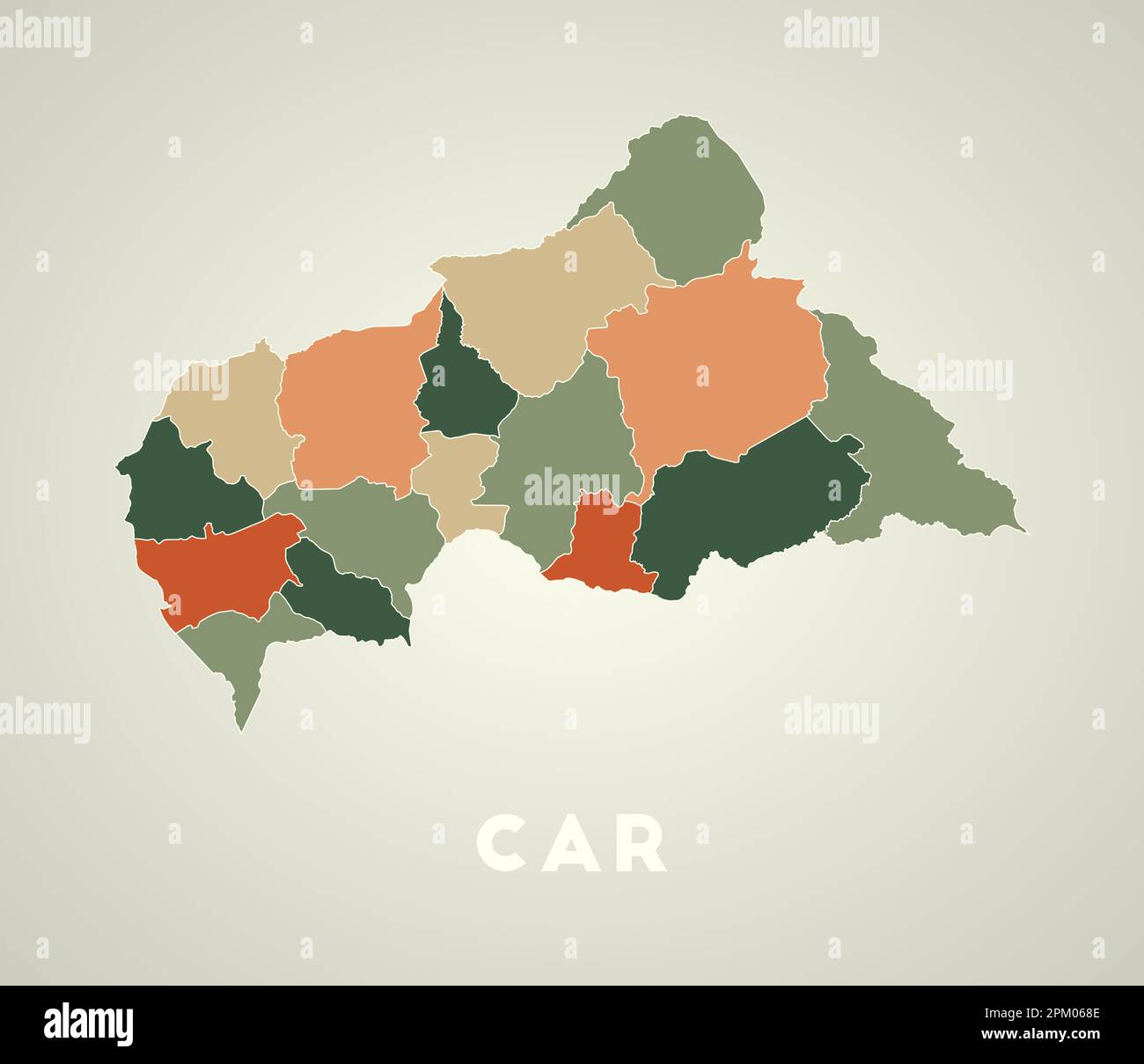 CAR poster in retro style. Map of the country with regions in autumn ...
