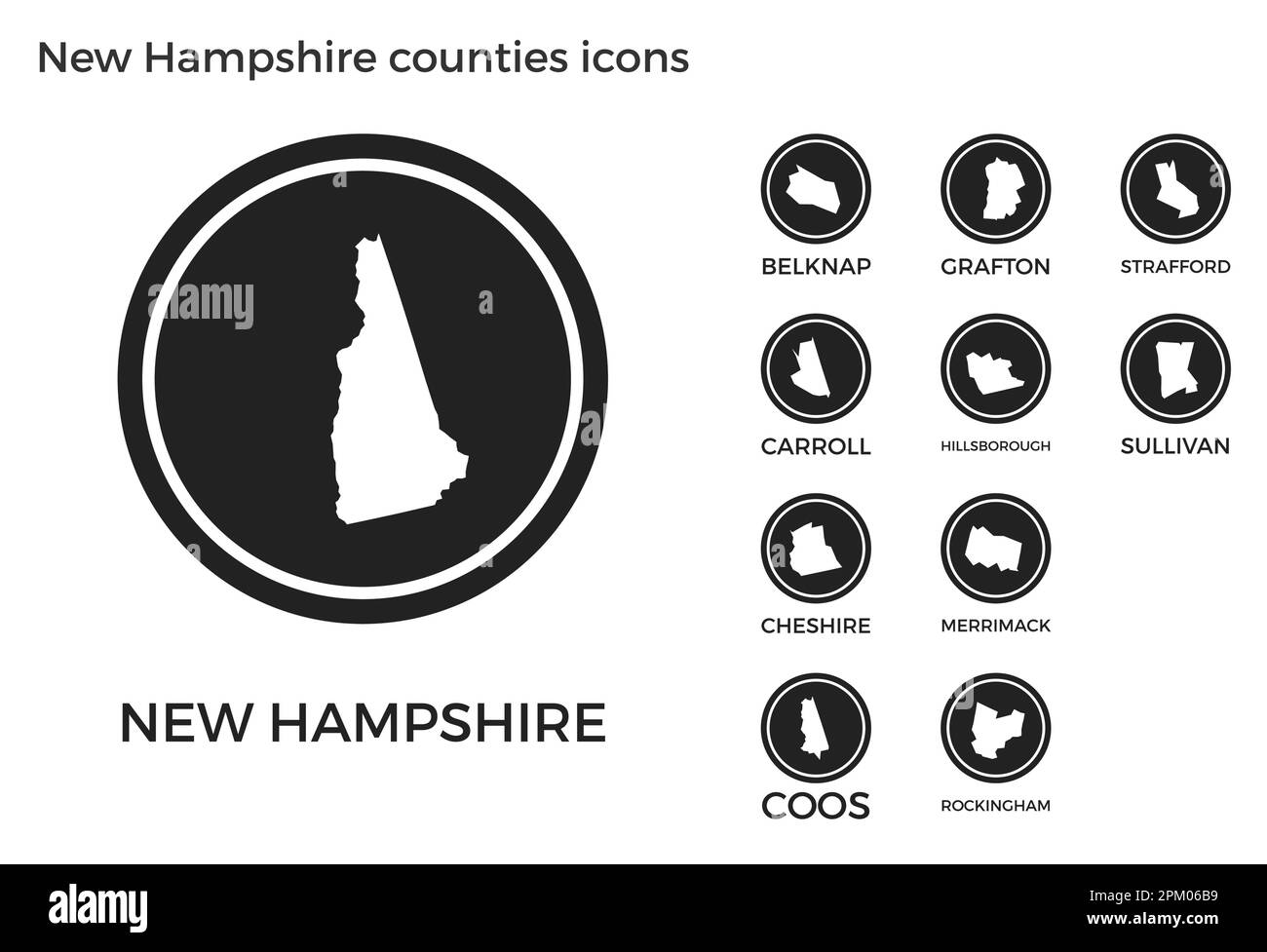 New Hampshire counties icons. Black round logos with US state counties ...