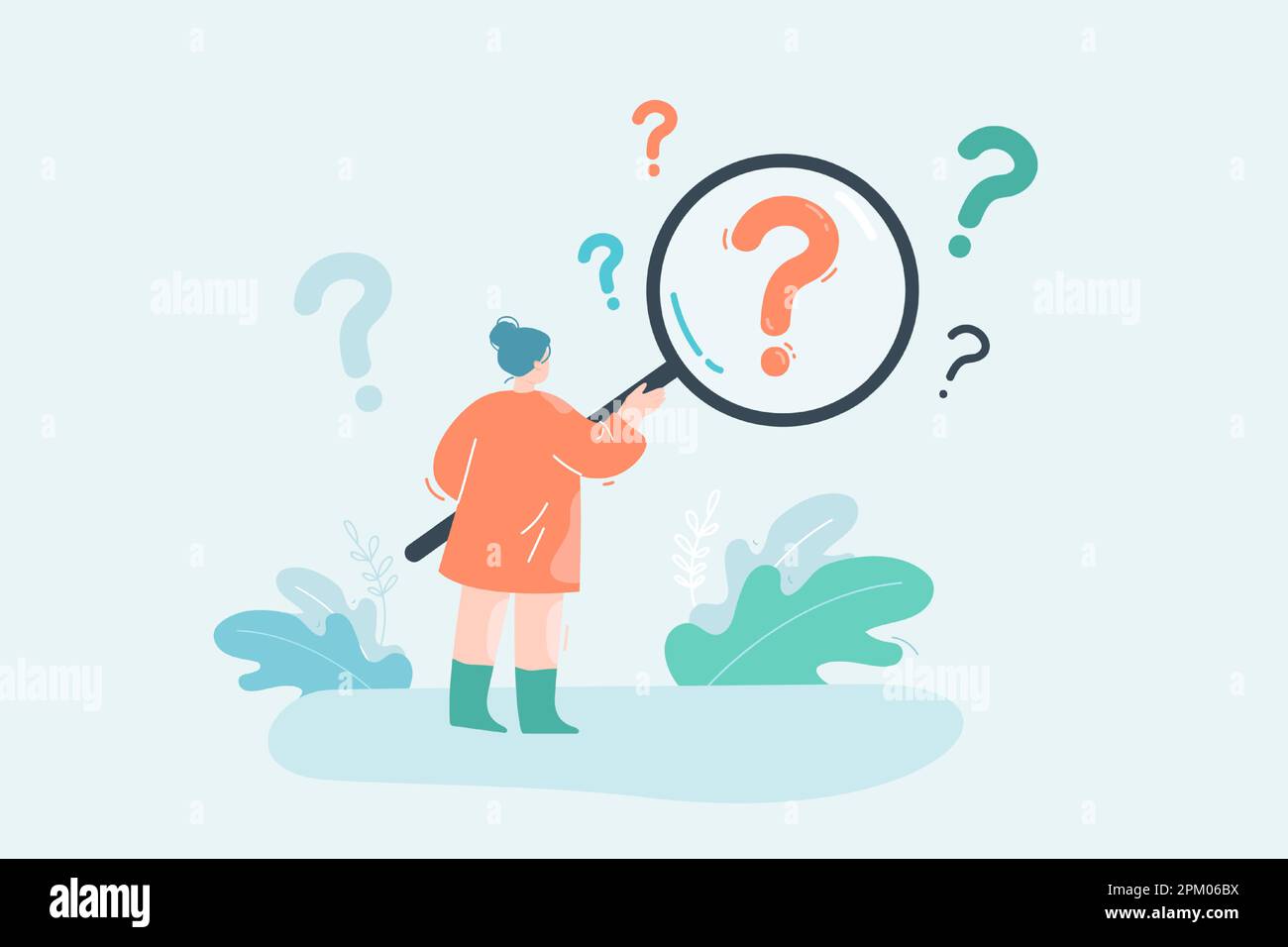 Curious woman looking through magnifier at question marks Stock Vector ...