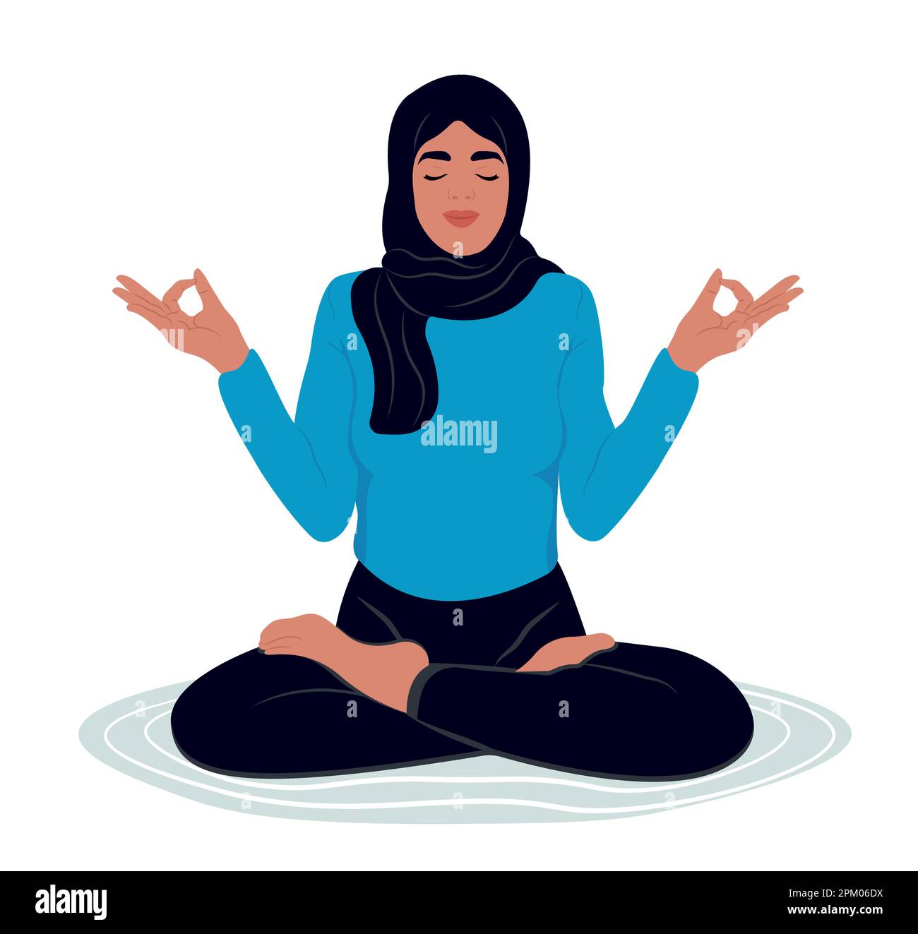 Muslim woman meditating with eyes closed and legs crossed outdoors ...